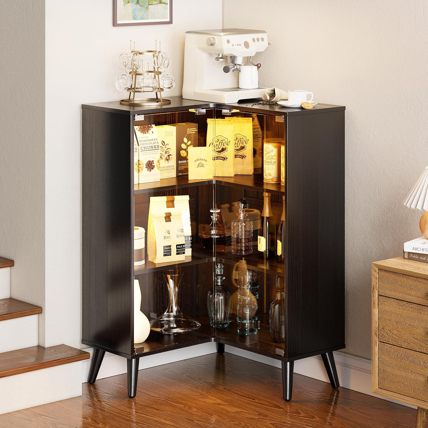 PAKASEPT 3-Tier Corner Glass Display Cabinet with LED Lights for ...