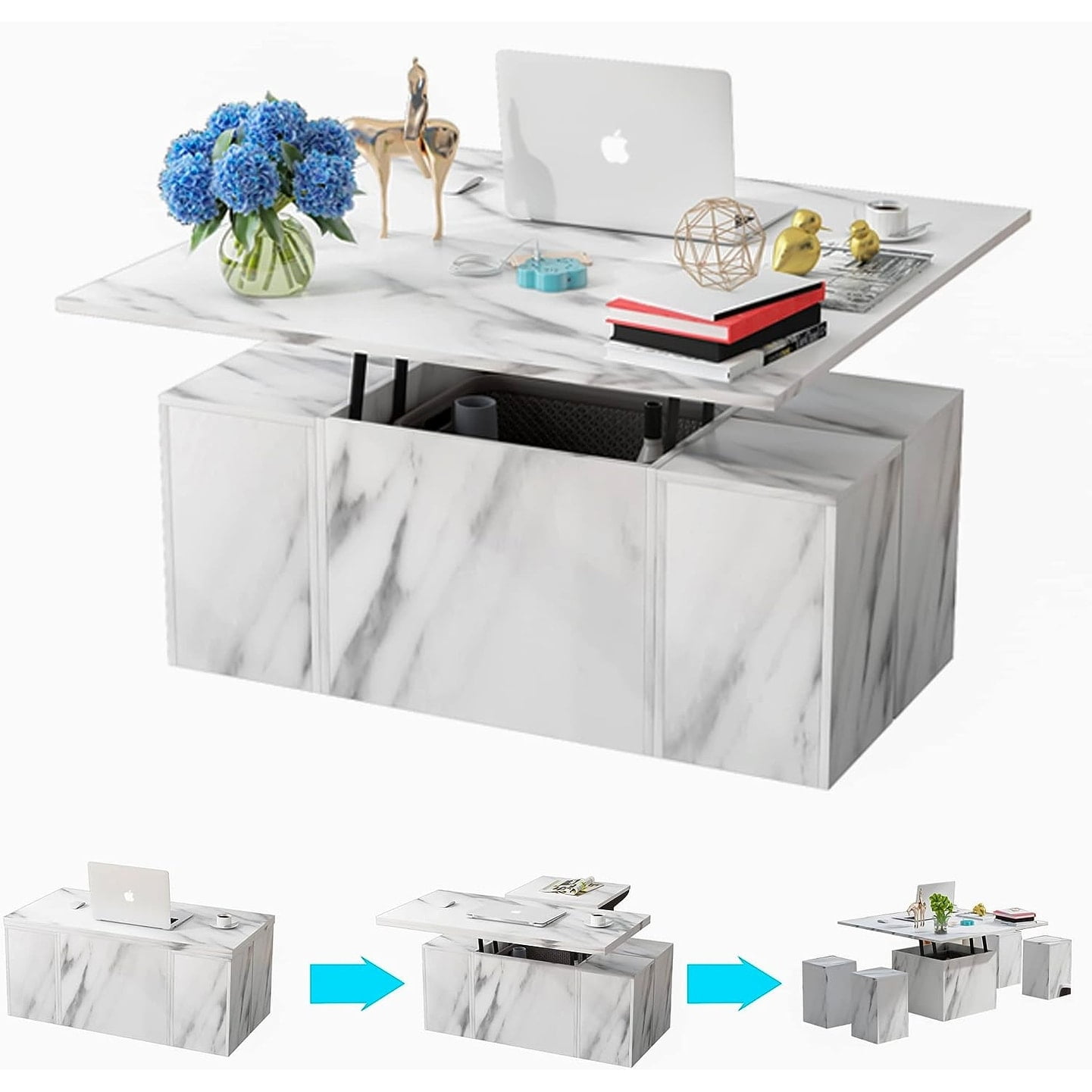 PAKASEPT 3 in 1 Lift Top Coffee Table with 4 Storage Bench White ...