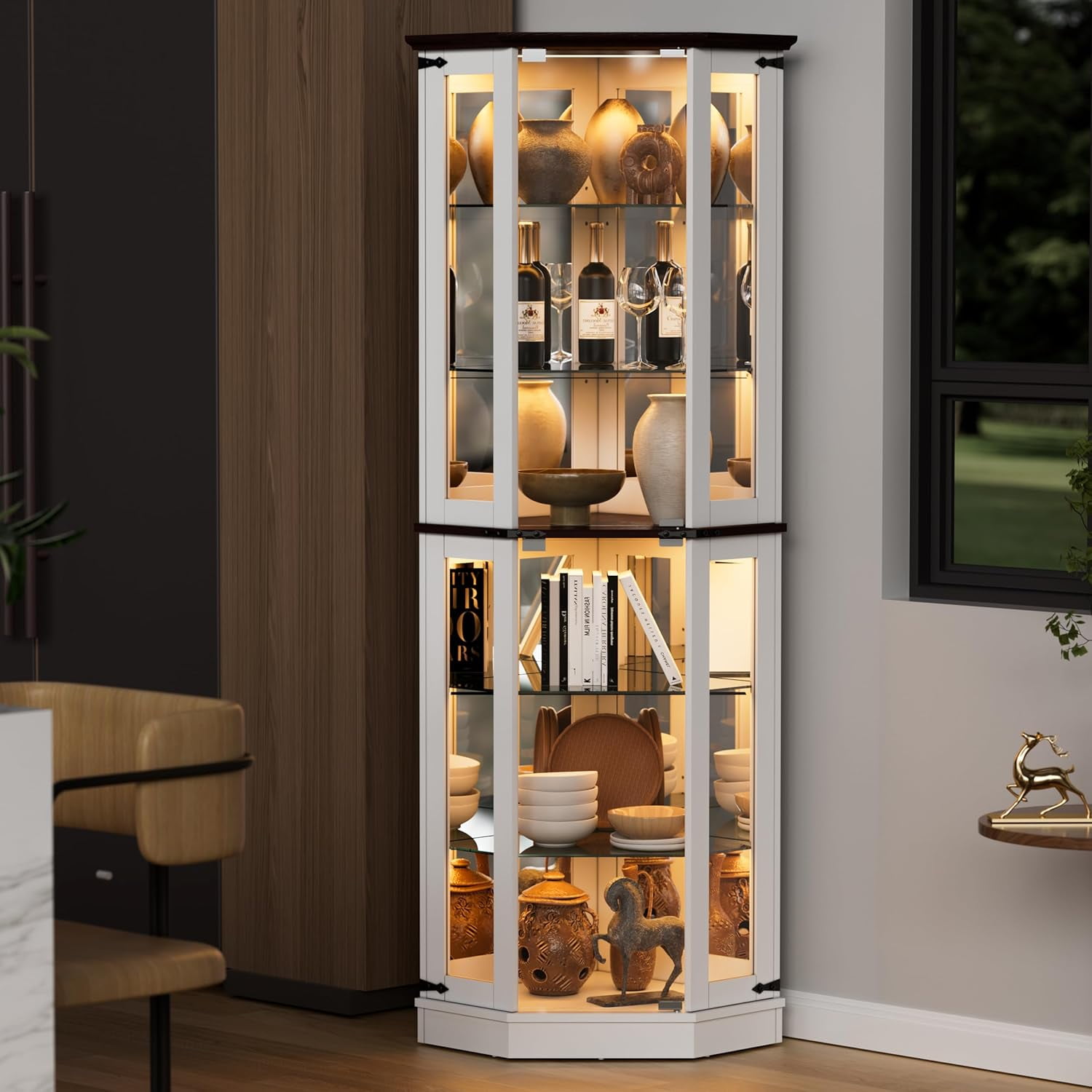 PAKASEPT 71'' Farmhouse Display Curio Cabinet with LED Lights,Tempered ...