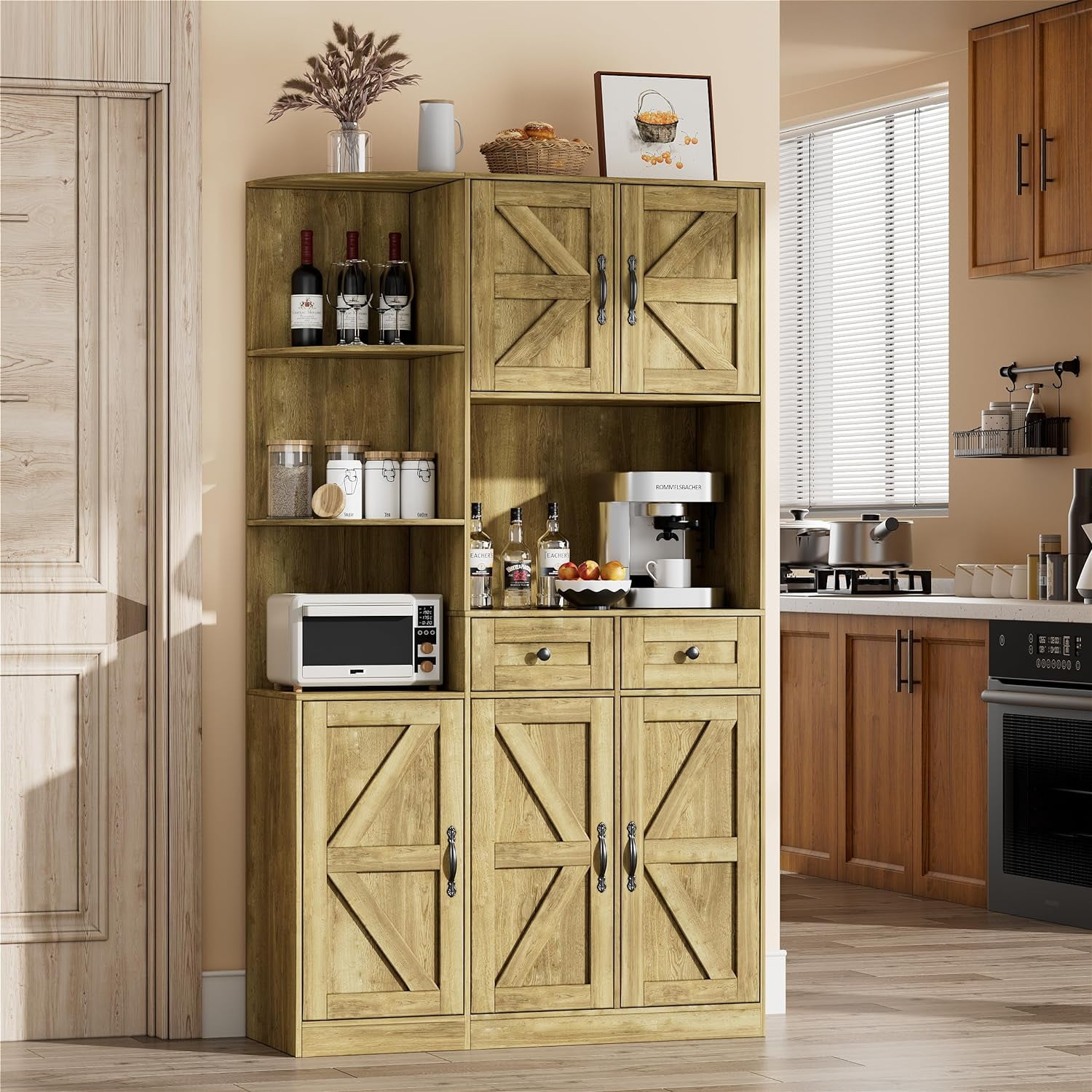 PAKASEPT 71" Farmhouse Wooden Kitchen Cupboard, 5-Doored Storage ...