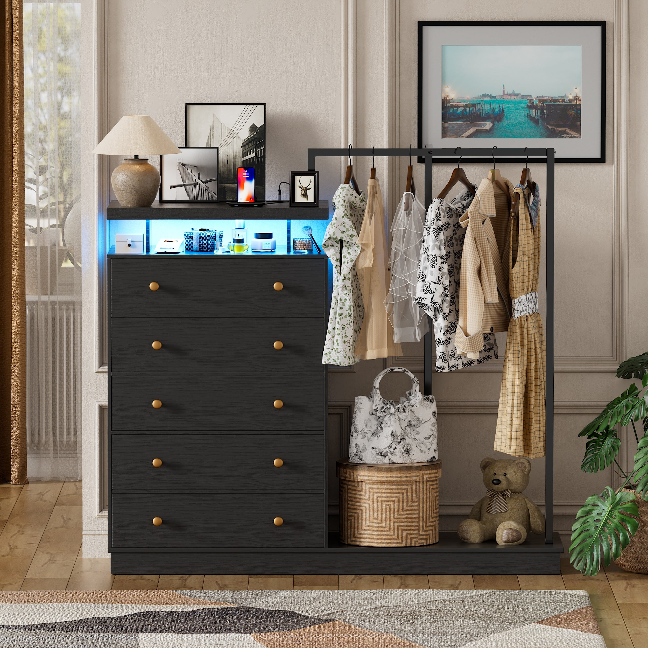 PAKASEPT Black Tall Dresser with Hanging Rack, 5 Drawer Clothes Dresser ...
