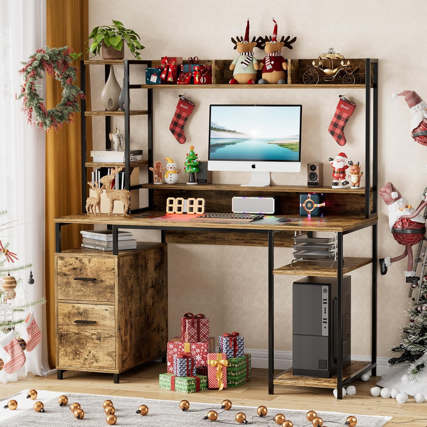 PAKASEPT Computer Desk with Hutch and Storage Shelf, 55" Home Office ...