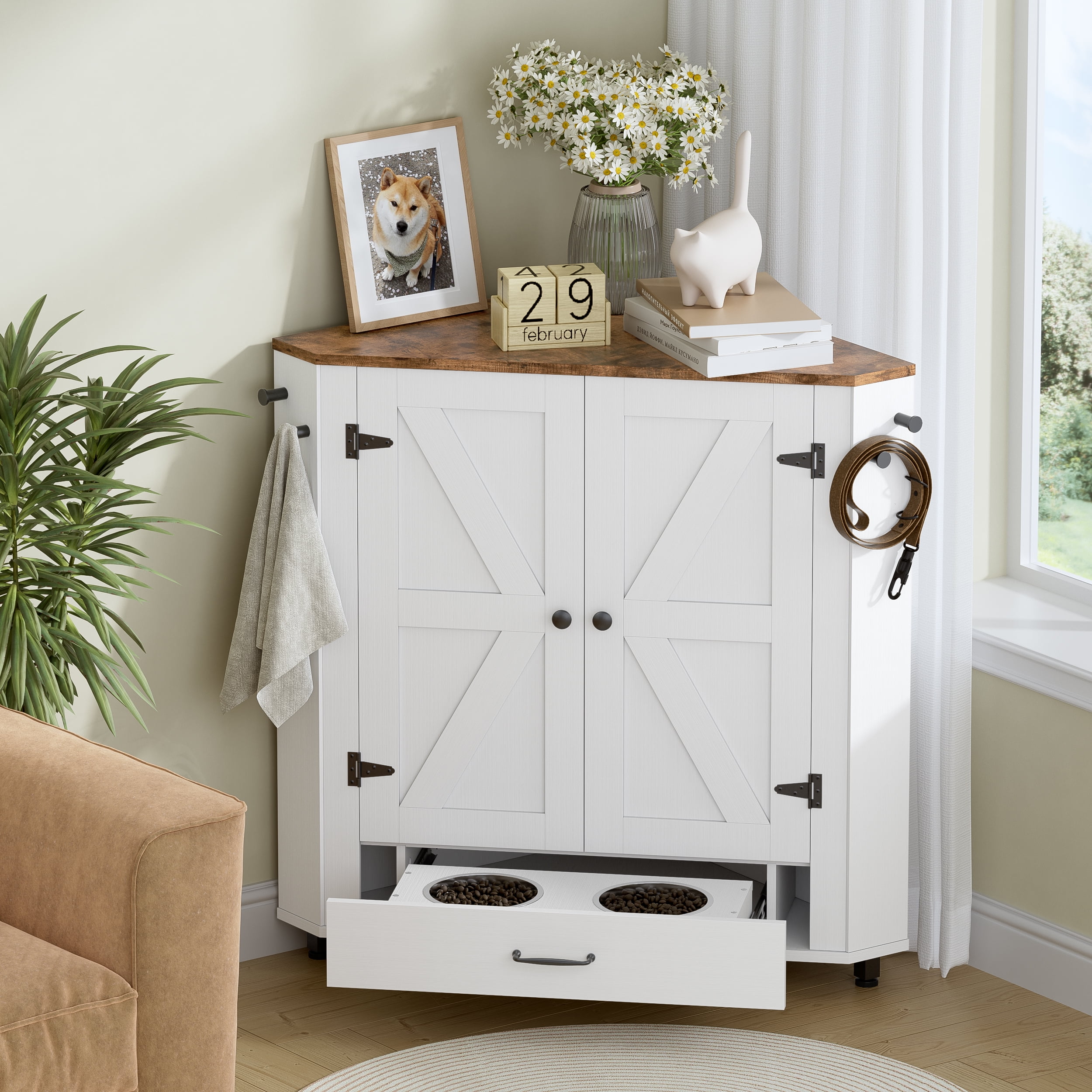 PAKASEPT Dog Feeding Station with 2 Bowls - Corner Storage Cabinet for ...