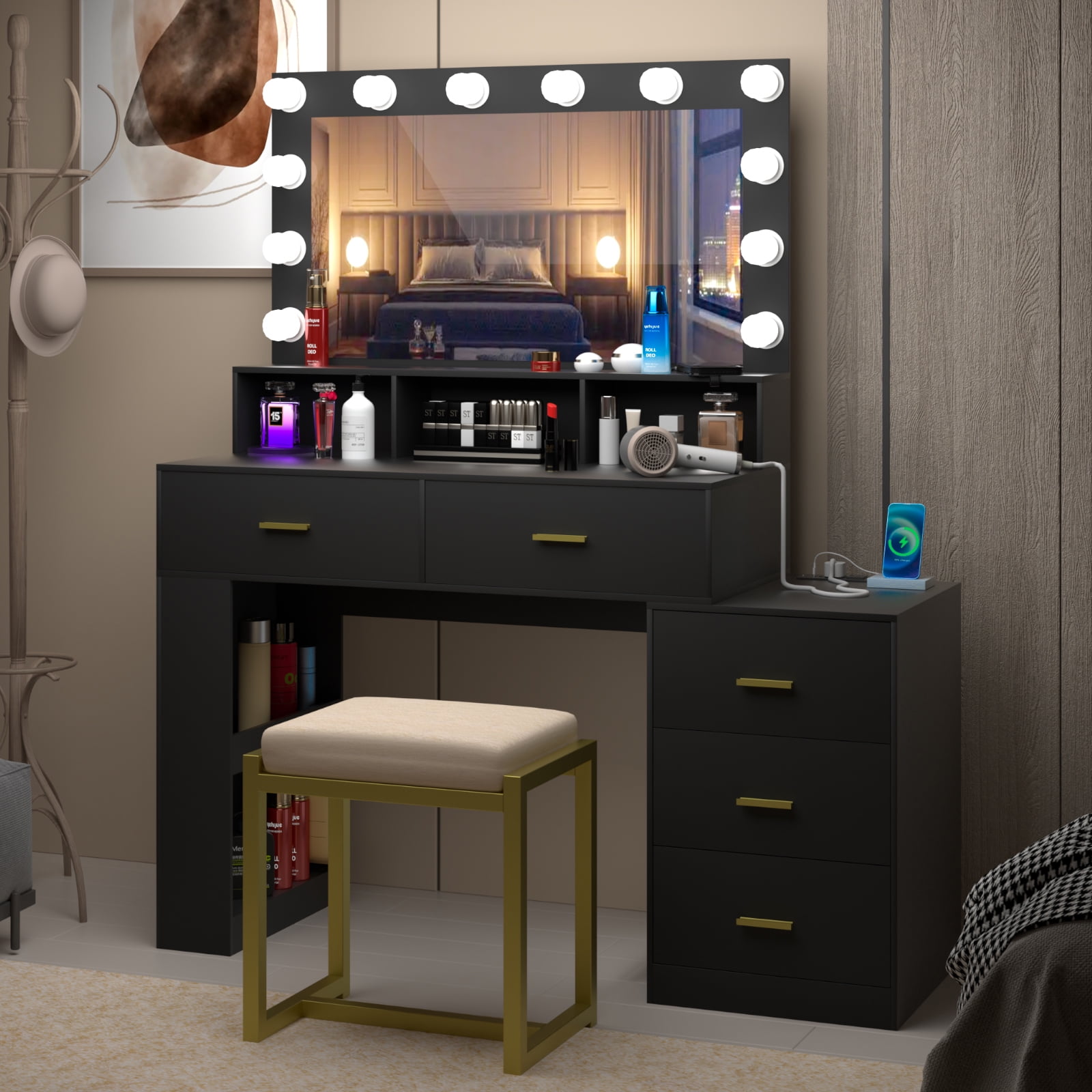 PAKASEPT Elegance Black Vanity Table Set, Wood Makeup Desk, 5 Drawers ...