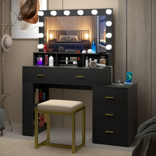 PAKASEPT Elegance Black Vanity Table Set, Wood Makeup Desk, 5 Drawers ...