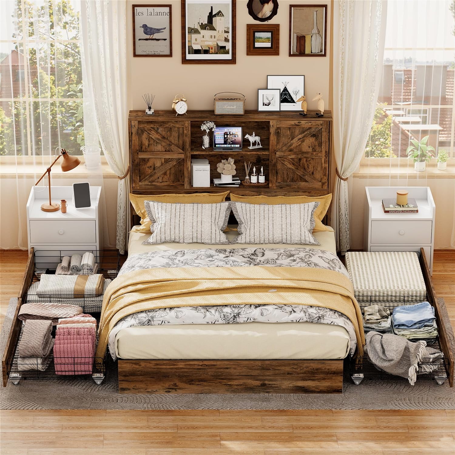 PAKASEPT Queen Farmhouse Bed Frame with Rustic Wooden Headboard ...