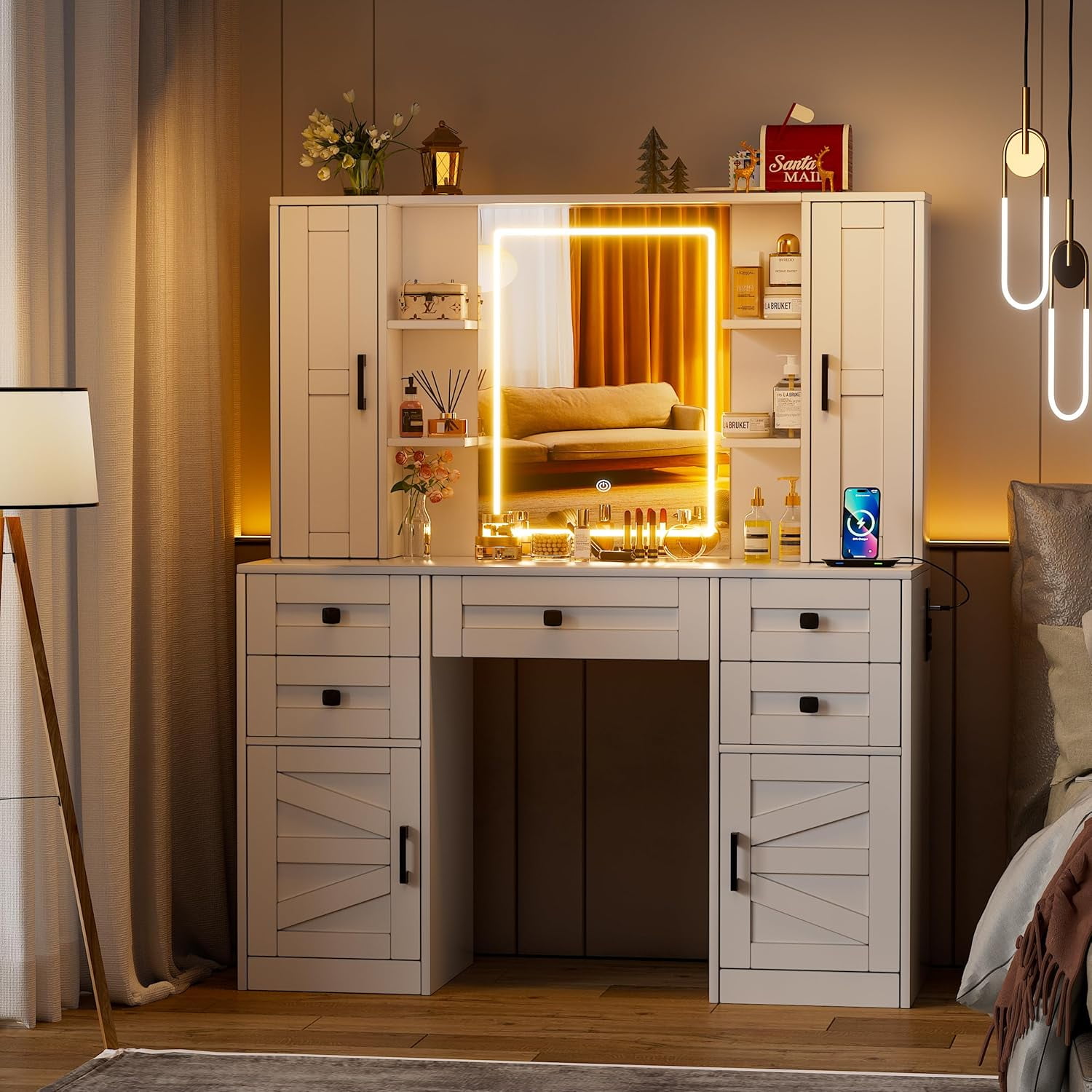 PAKASEPT Farmhouse Vanity Desk with Makeup Mirror and Light - Makeup ...