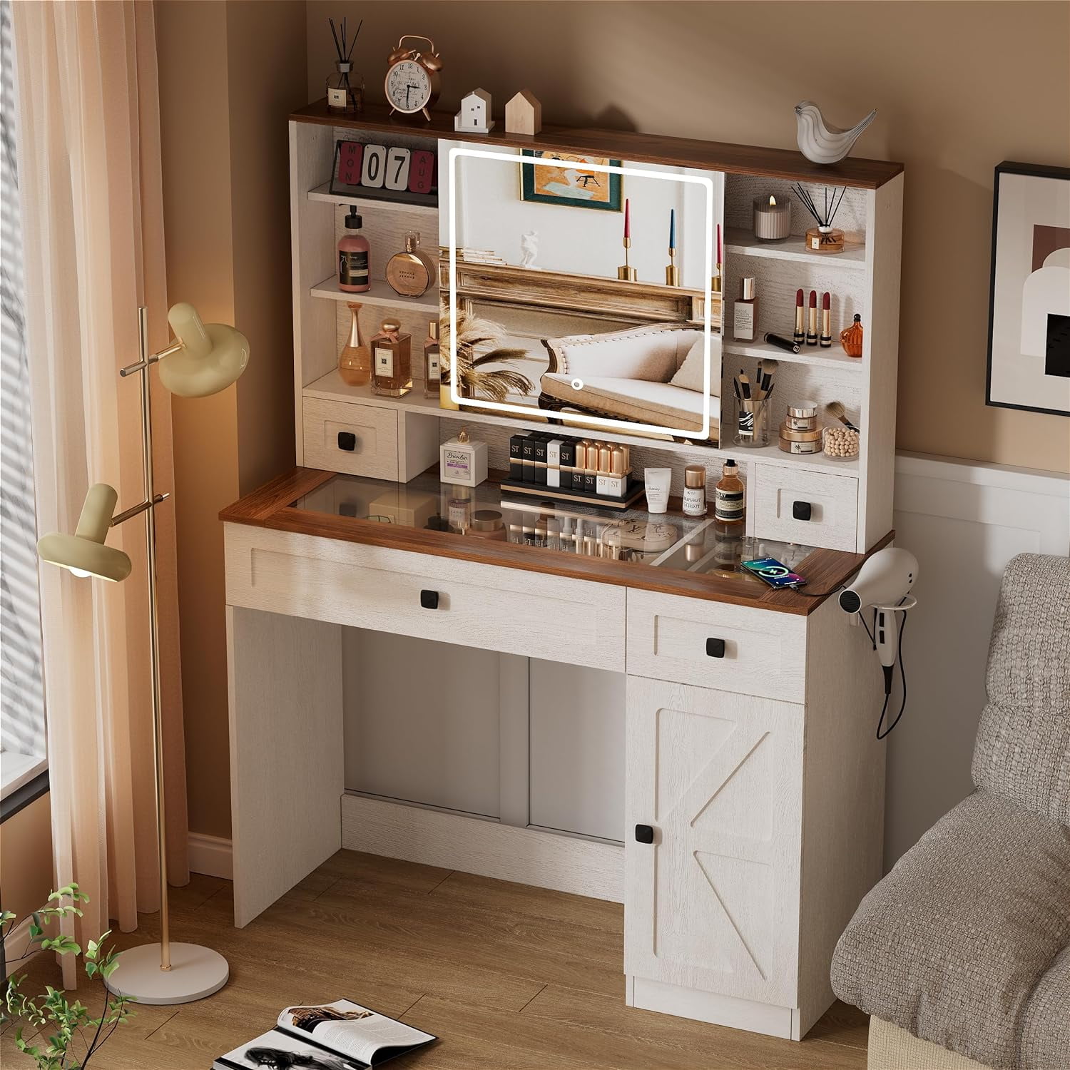 PAKASEPT Farmhouse Vanity Desk with Sliding Mirror and Lights, Glass ...