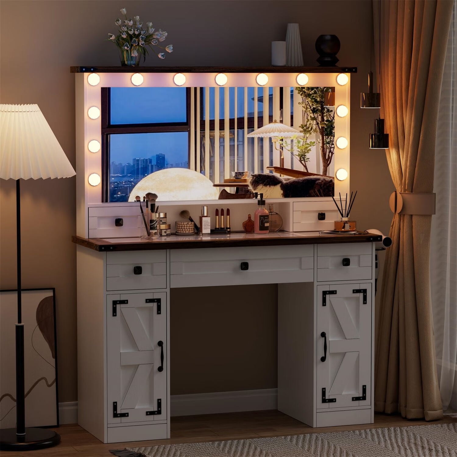 PAKASEPT Farmhouse White Makeup Vanity Desk with Mirror and Lights ...