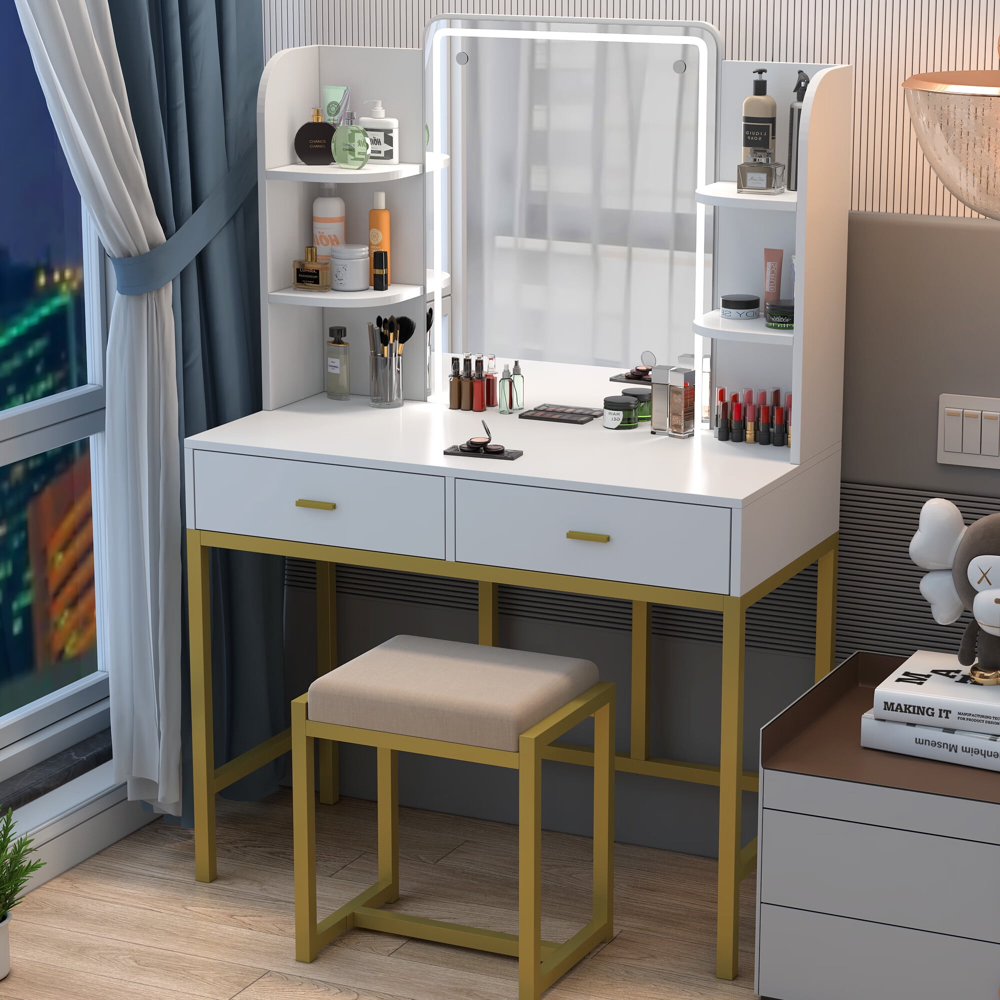 PAKASEPT Lighted Vanity Set with Storage Shelves and Stool: Glamorous ...