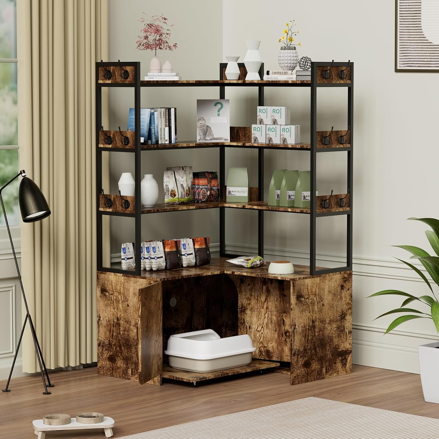 PAKASEPT Litter Box Enclosure with Shelves and Doors, Industrial Corner ...