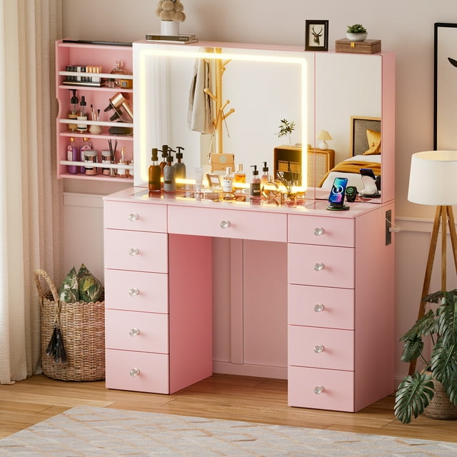 PAKASEPT Makeup Vanity Desk with Mirror, Lights, Charging Station ...