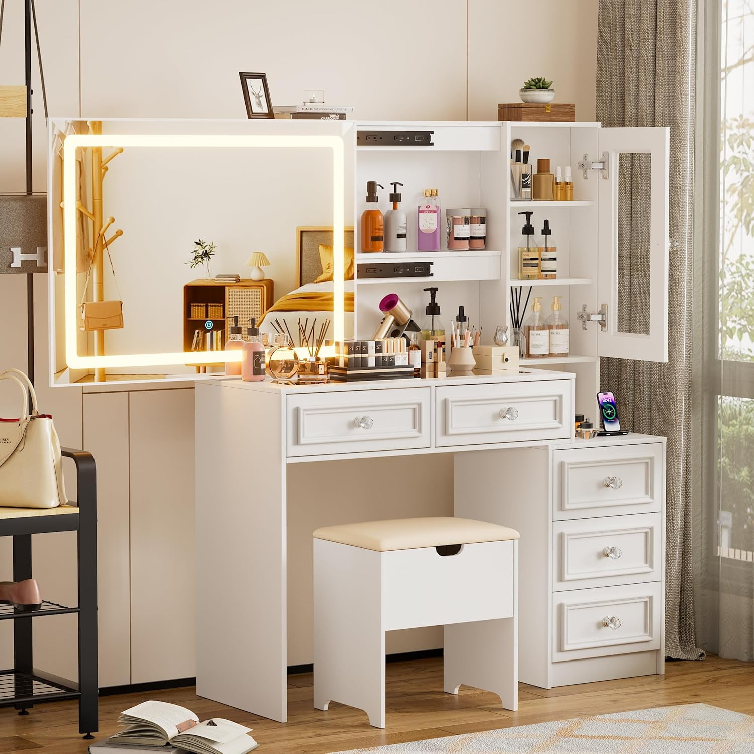 PAKASEPT Makeup Vanity Desk Set with LED Lighted Sliding Mirror, 44 ...