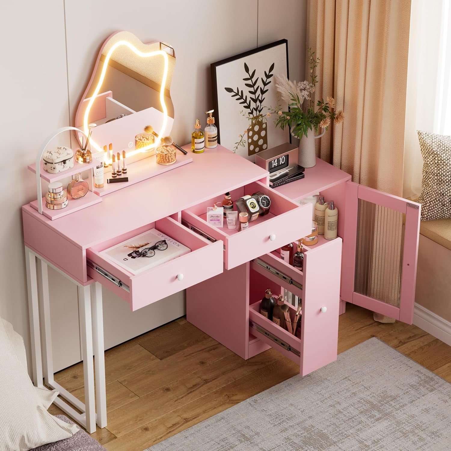 PAKASEPT Pink Makeup Vanity Desk with Mirror and Lights, Makeup Table ...