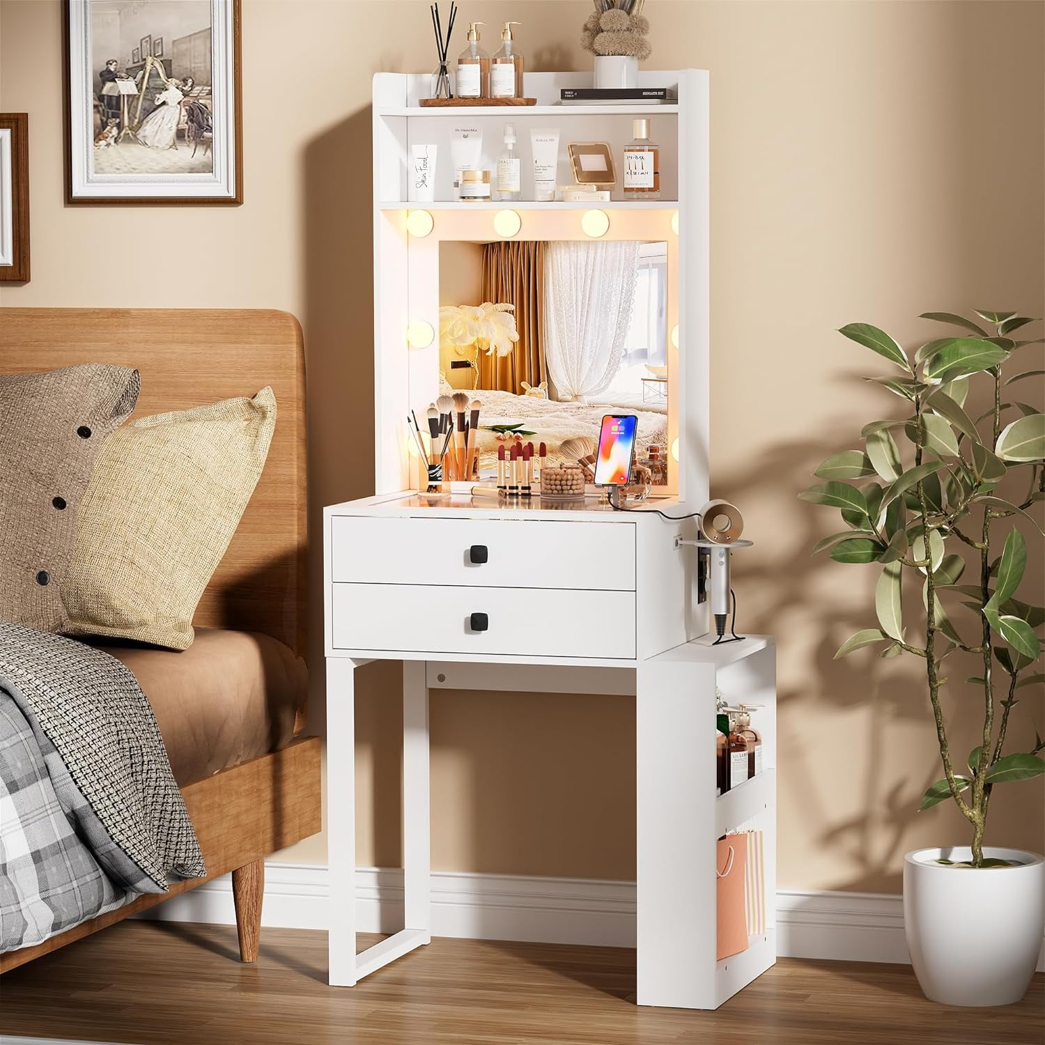 PAKASEPT Small Vanity Desk with 3 Adjustable Lighted Mirror, Makeup ...