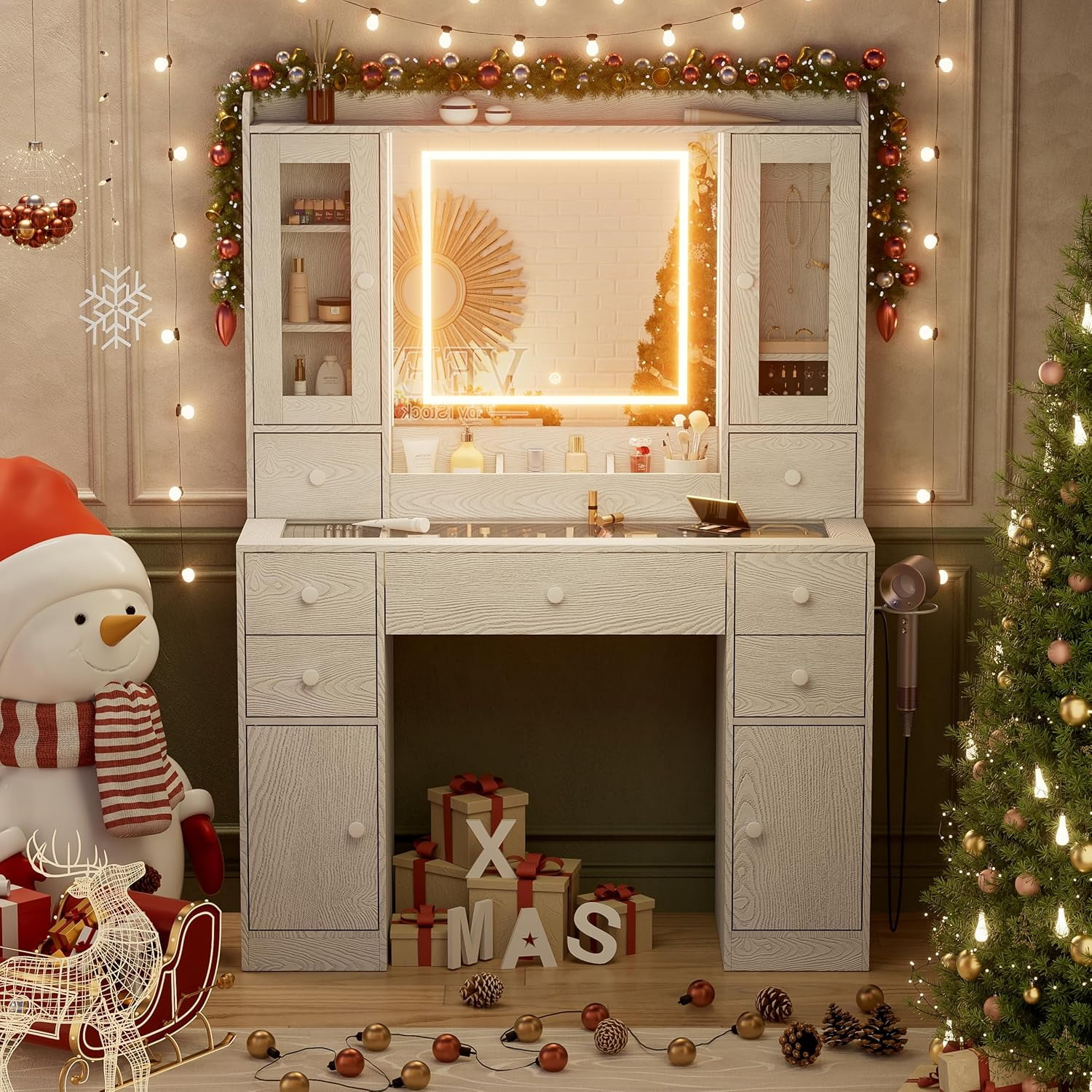 PAKASEPT Vanity Desk with Mirror and LED Lights, Glass Top Dressing ...