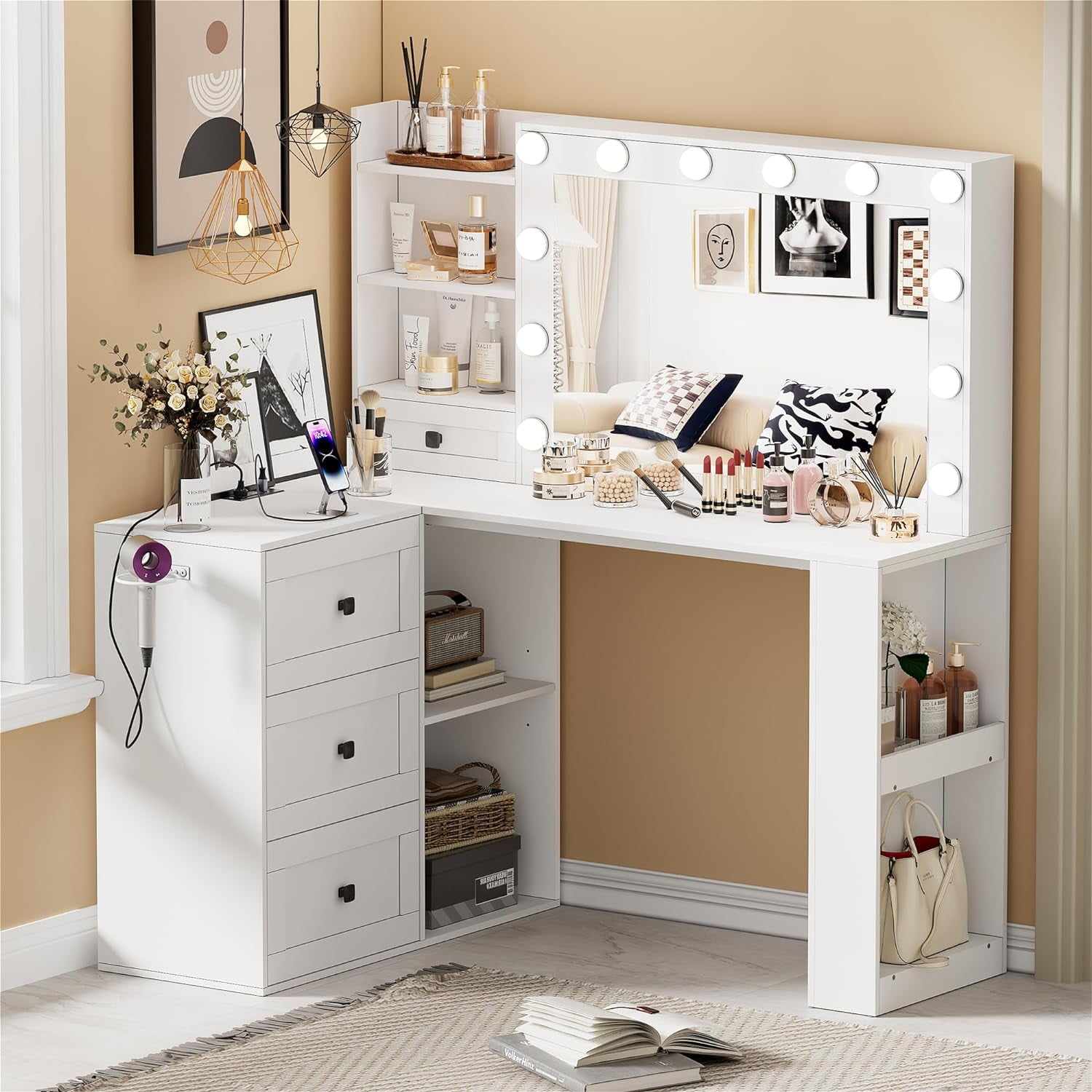 PAKASEPT Vanity Desk with Mirror and Lights, Corner Makeup Table with 3 ...