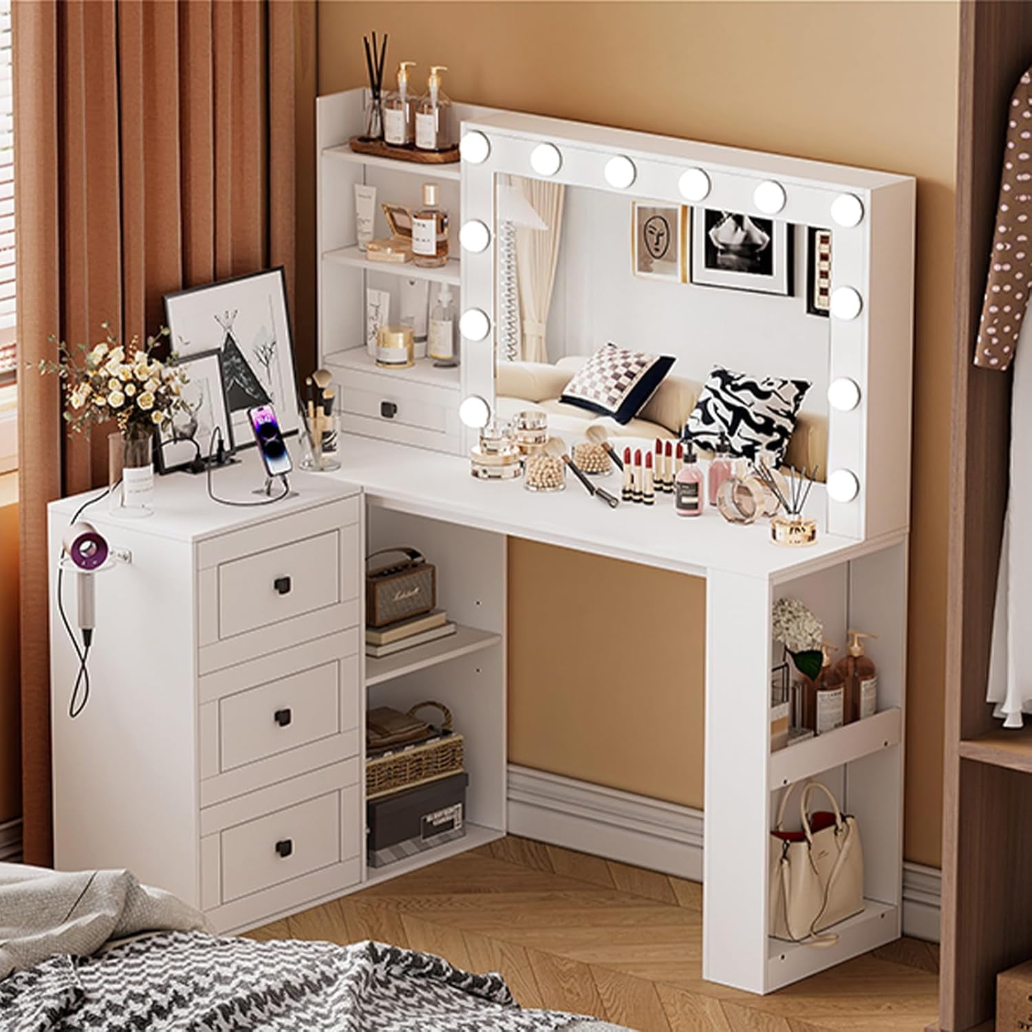 PAKASEPT Vanity Desk with Mirror and Lights, Corner Makeup Table with 3 ...
