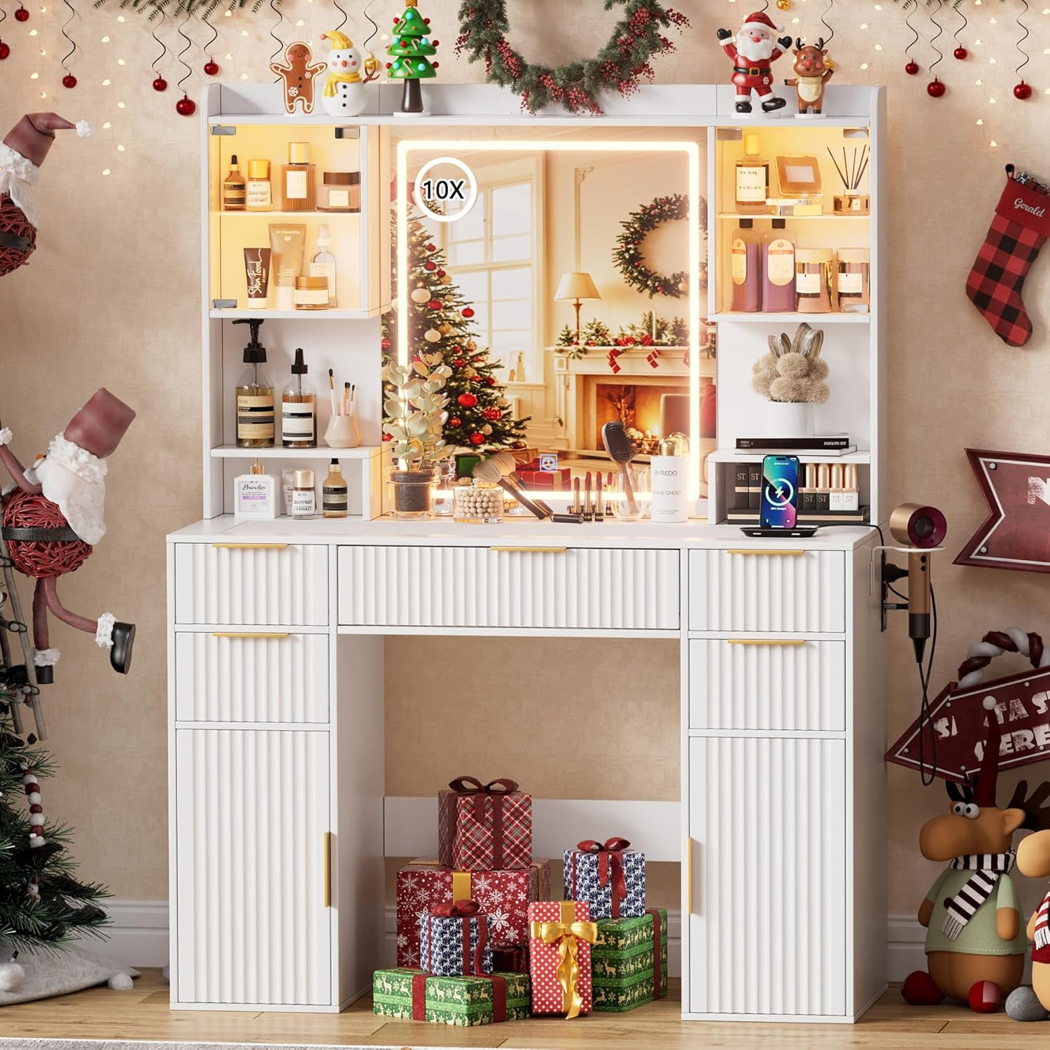 PAKASEPT Vanity Desk with Mirror and Lights, Fluted Makeup Vanity Desk ...