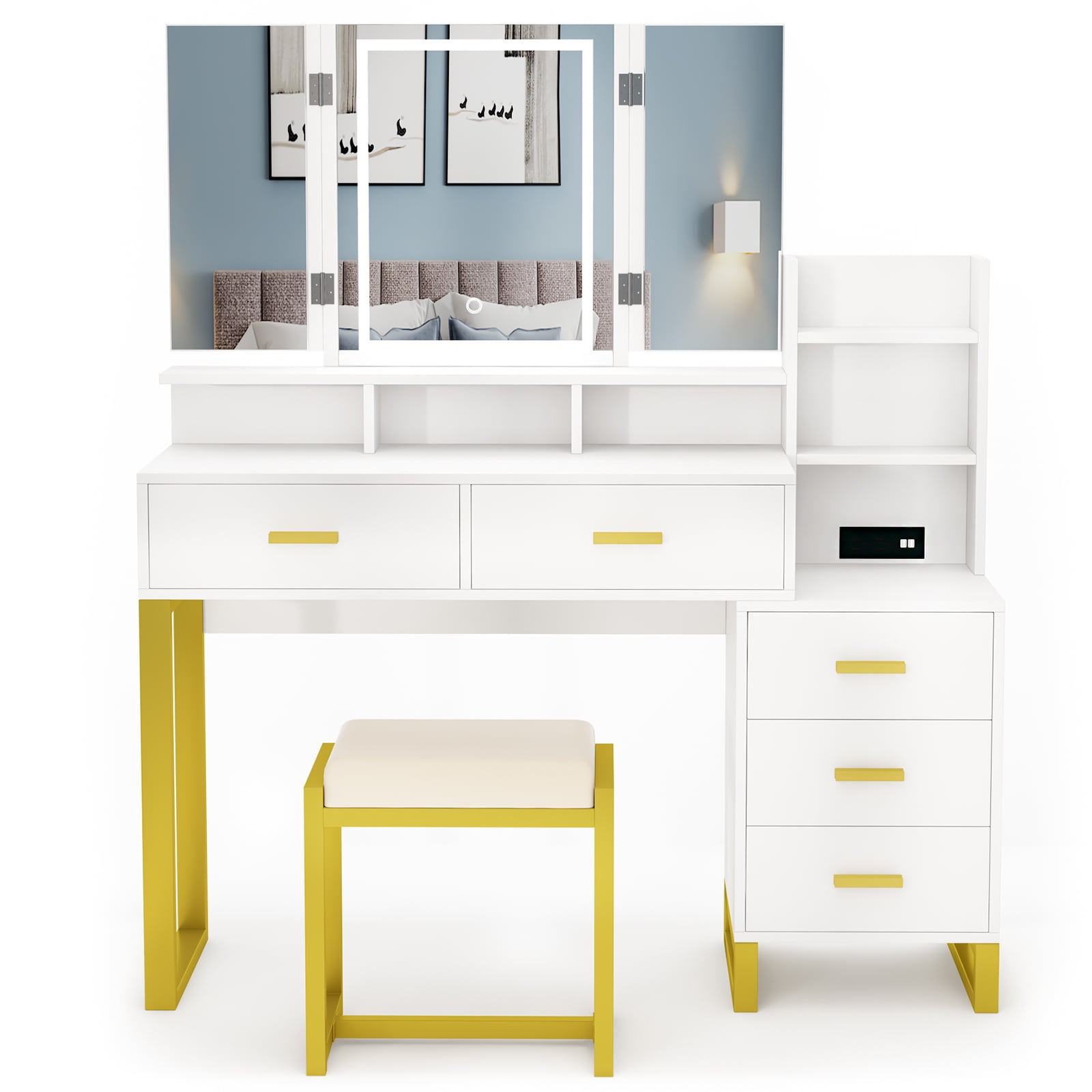 PAKASEPT Vanity Set with LED Tri-fold Mirror, Desk with Power Strip, 5 ...