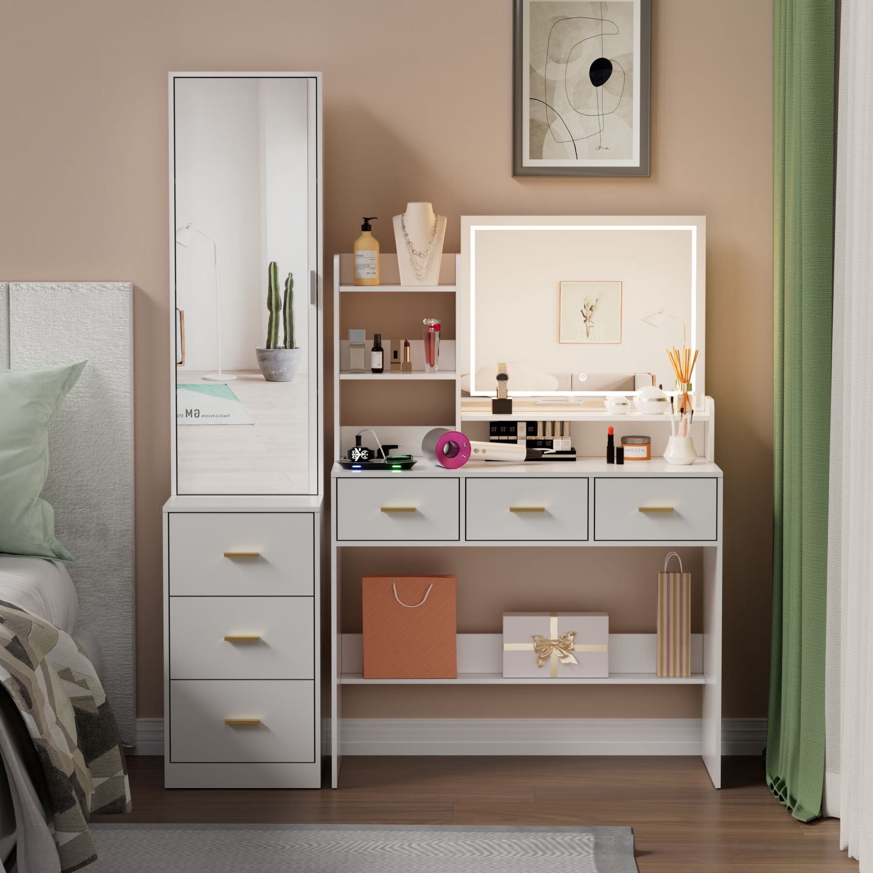 PAKASEPT Vanity Set with Lighted Full-Length Mirror, White Large Vanity ...