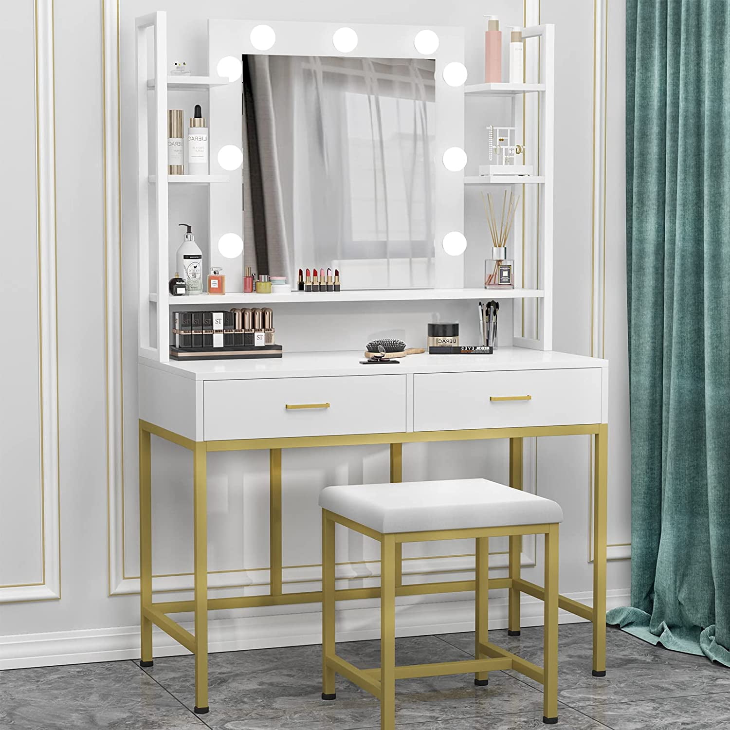 PAKASEPT Vanity Table with Lighted Mirror, Elegant Makeup Vanity ...