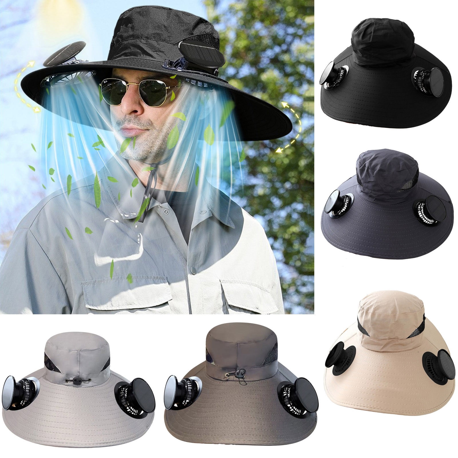PALIFEUR Wide Brim Solar Fan Hat with 2 Solar Fan, Fan Built in Hat ...
