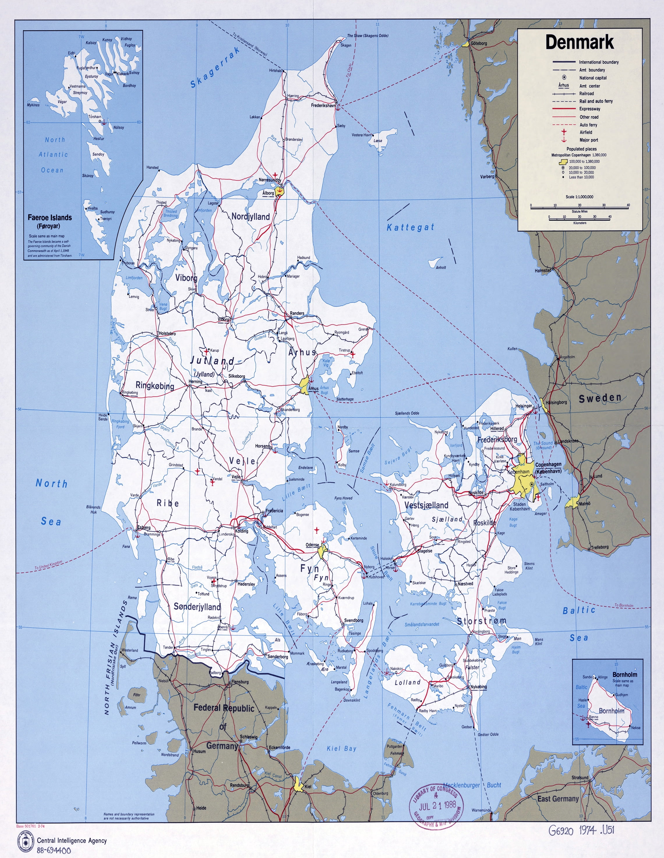 PALMETTO POSTERS Map of Denmark with Roads Railroads Airports Seaports ...