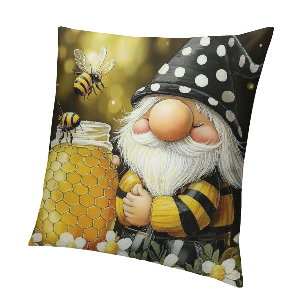 PALNKART Bee Gnome Single Pack Pillow Cover ,Rustic Honey Bees Daisy ...