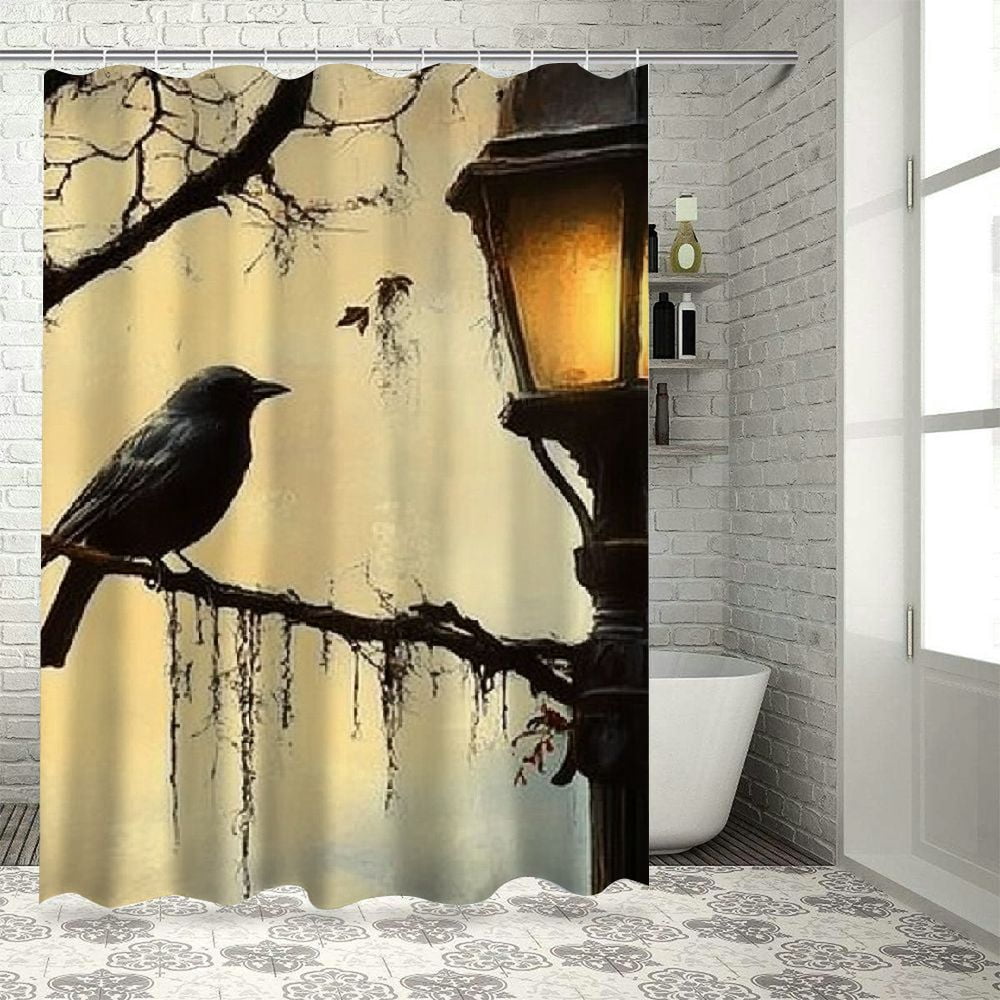 PALNKART Bird Tree Branch Lamp Post Theme Shower Curtain Set with Hooks ...