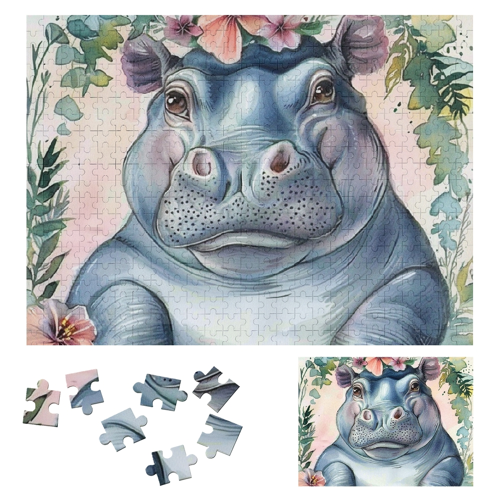 PALNKART Wooden Jigsaw Puzzle Hippo Flower Watercolor Painting Leisure ...