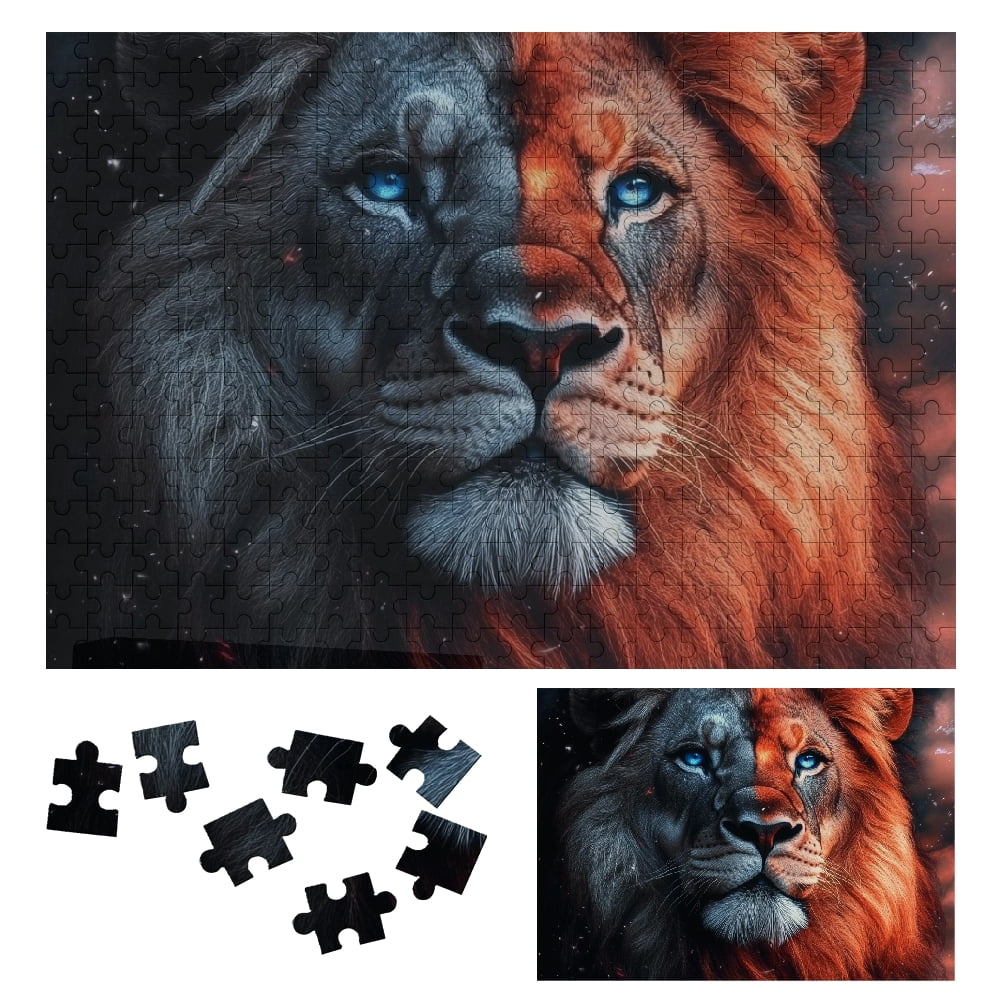 PALNKART Wooden Jigsaw Puzzle Lion Red Mane Blue Eyes Family Gift 300 ...