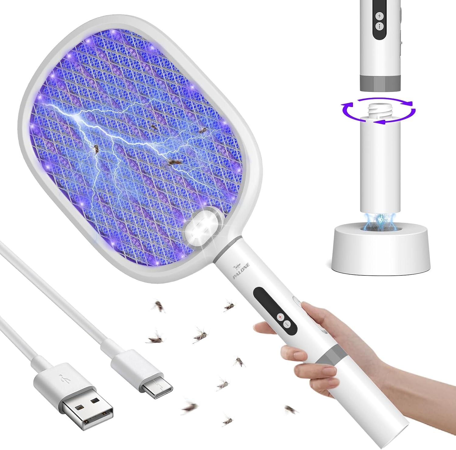PALONE Electric Fly Swatter, Bug Zapper Racket with Light, Type-C ...