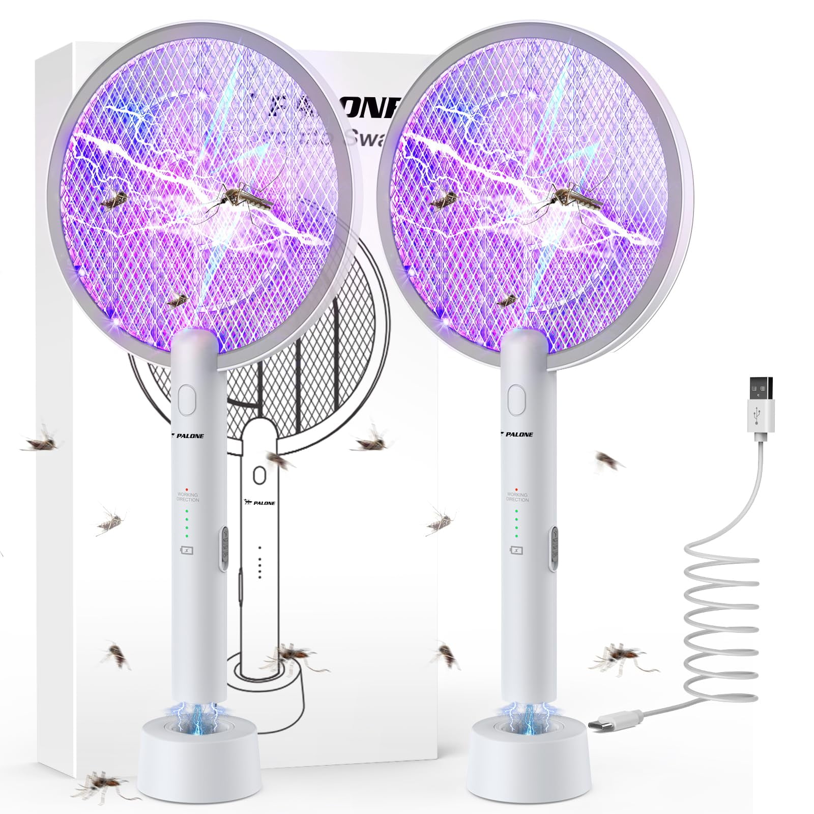 PALONE Electric Fly Swatter JKF25 3000V Bug Zapper Racket 2 in 1 Fly Swatter with 1200mAh ...