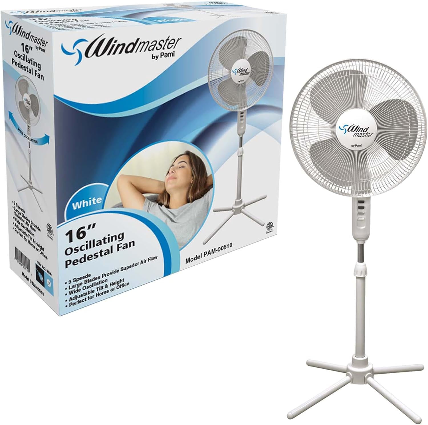 PAMI, Oscillating Pedestal Fan, 16 Inch, 3 Speeds Adjustable Height ...