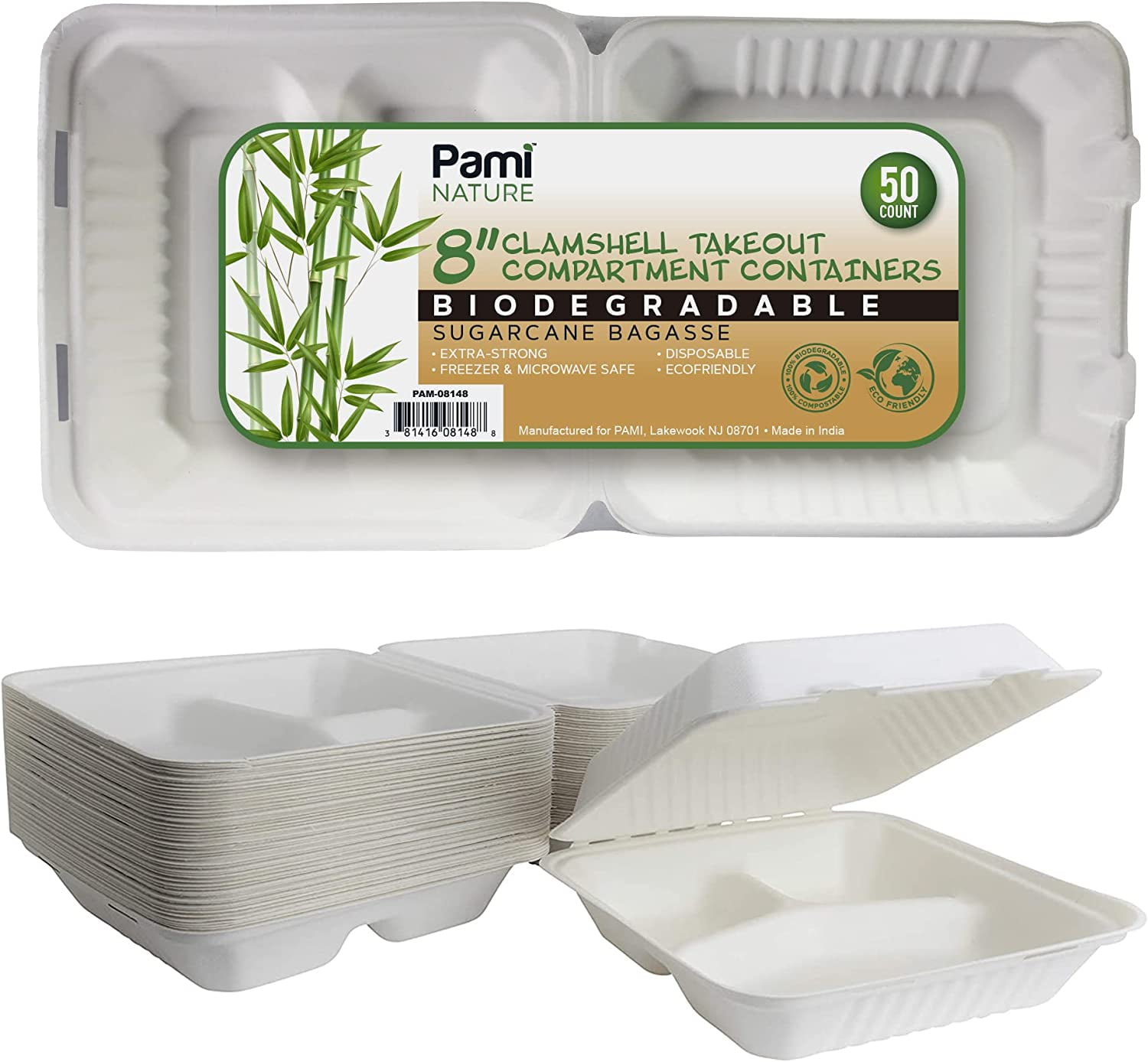 PAMI 8x8in Compostable To Go Containers with Lids, 50 count Disposable ...