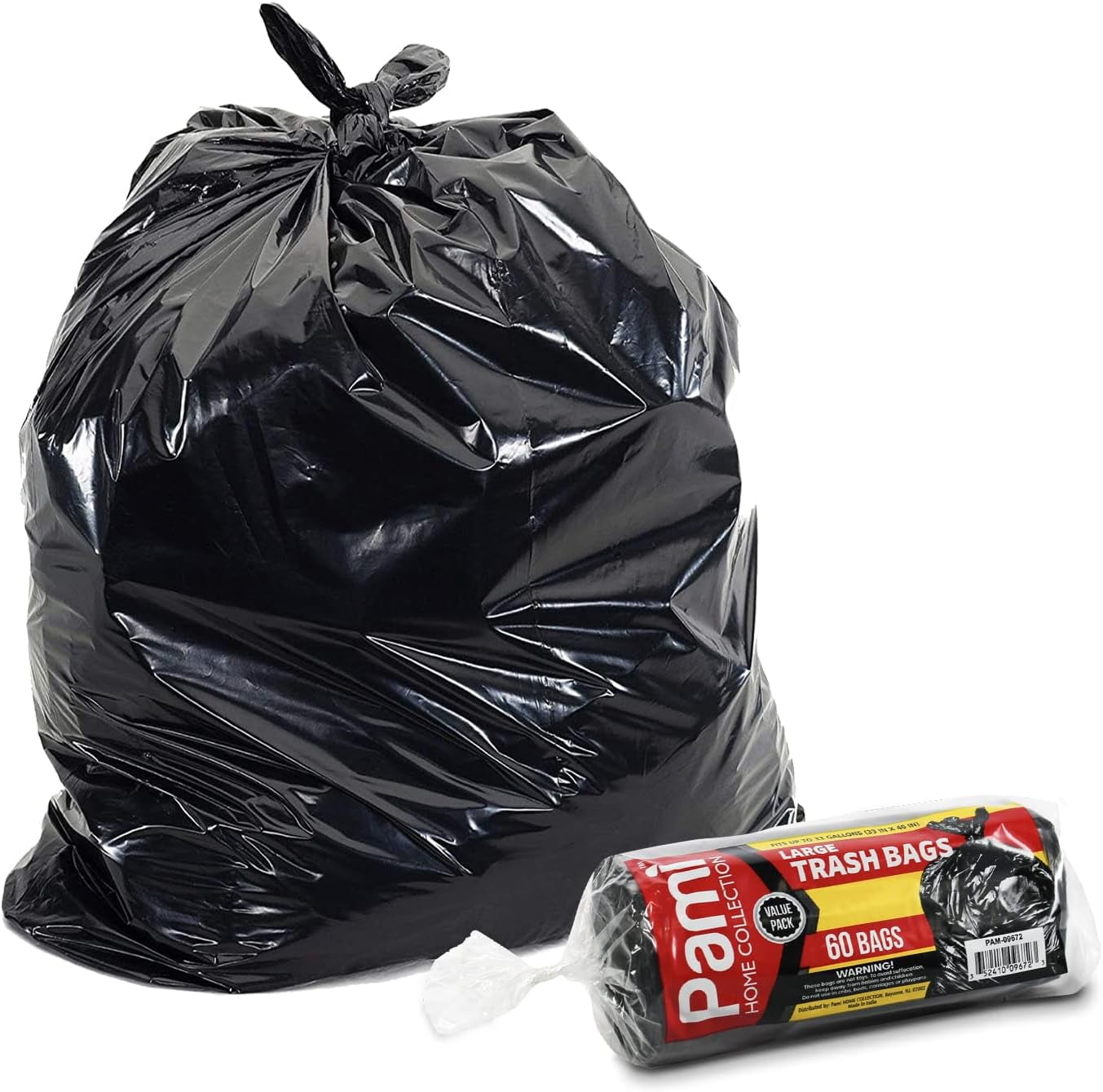 PAMI Large Trash Bags 33-Gallon Black Garbage Bags 60-Pack Heavy Duty ...