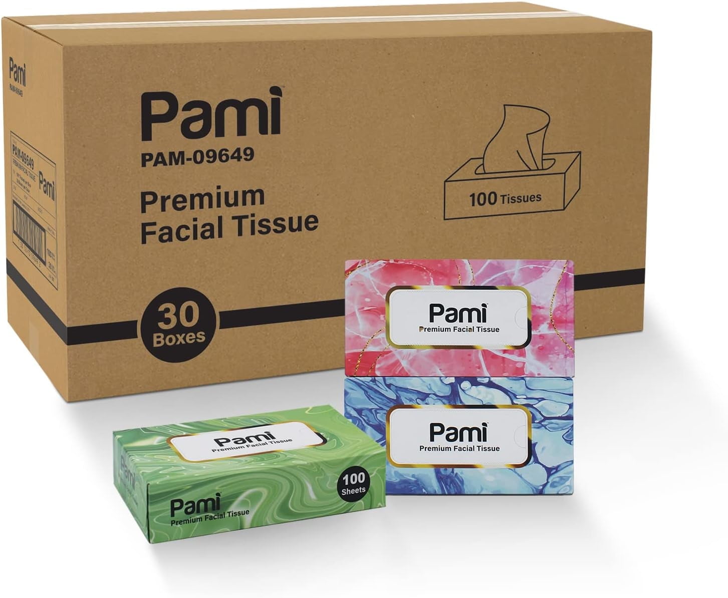 PAMI Premium Facial Tissues, 30 Flat Boxes with 100 Sheets Each, 3000 ...