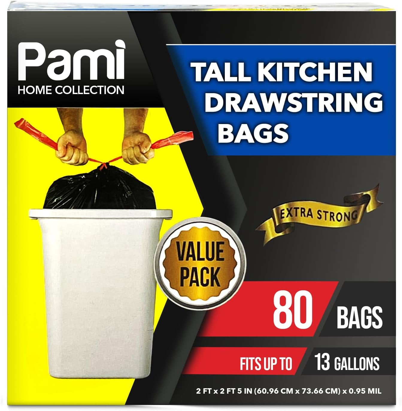 PAMI 13-Gallon Tall Drawstring Trash Bags, Thick Trash Can Liners ...