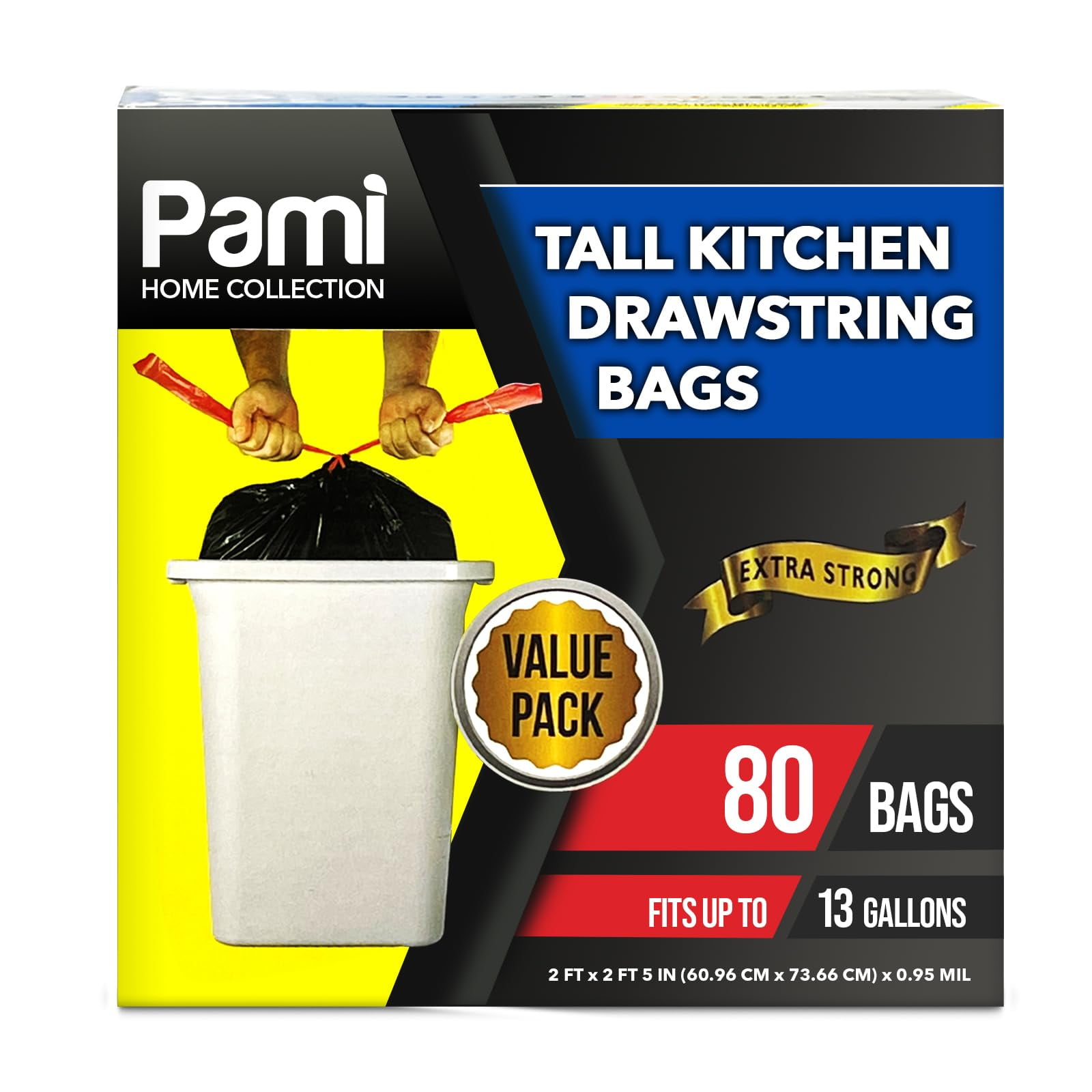 PAMI Tall 13-Gallon Kitchen TSF6 Drawstring Trash Bags [80-Pack, Extra ...