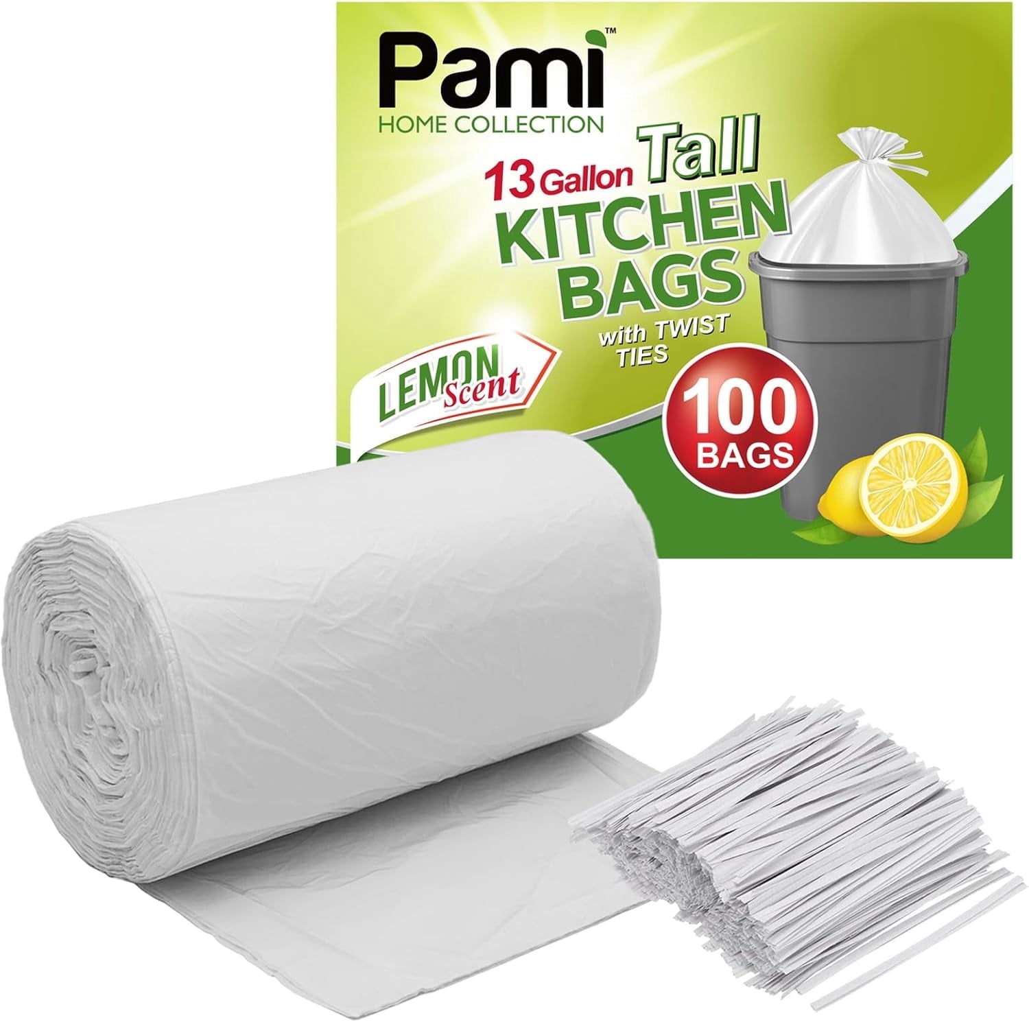 PAMI Tall Kitchen Garbage Bags with Twist Ties Unscented Plastic Trash ...
