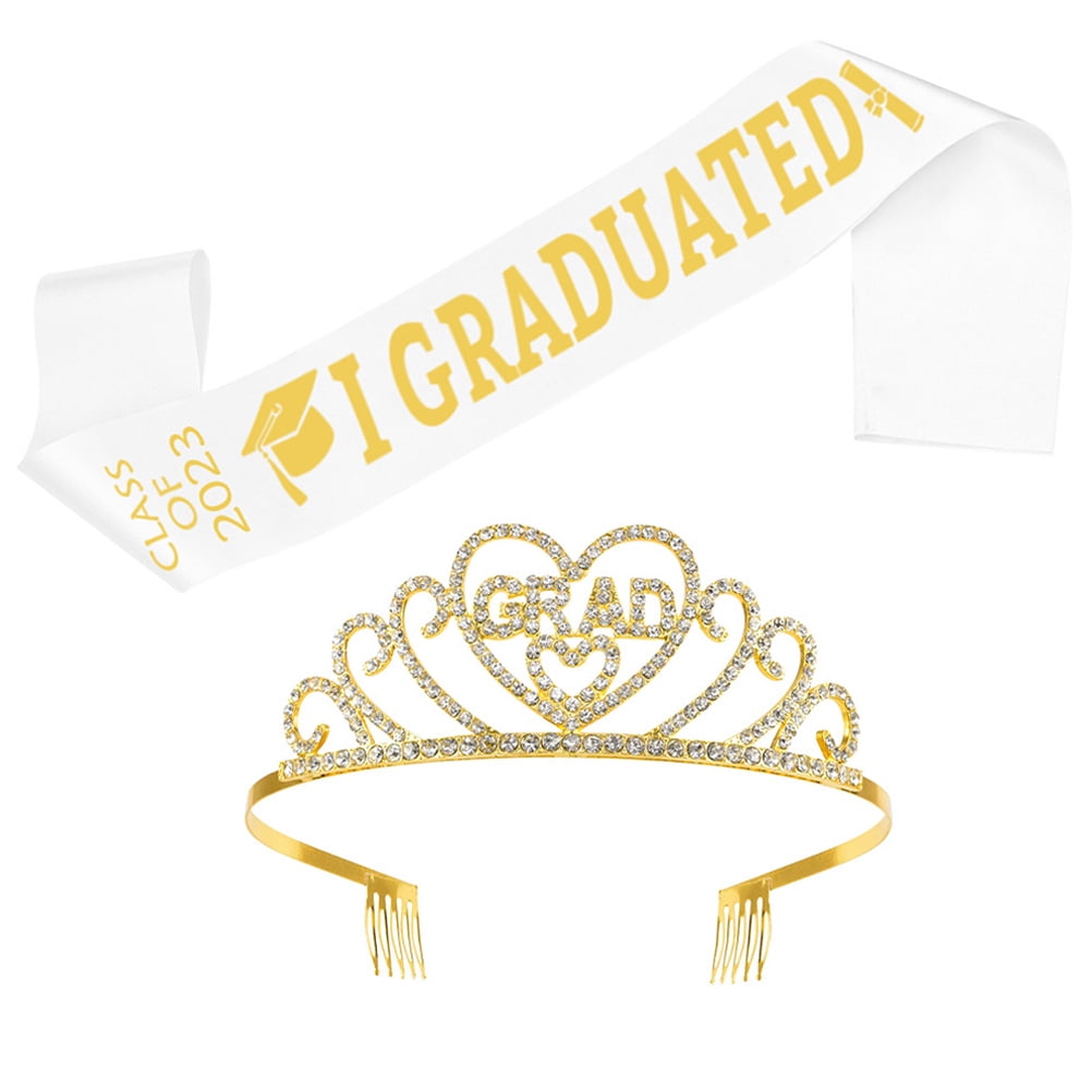 PAMINGONO 1 Set Graduation Sash Crown Tiara Kit White Gold For ...