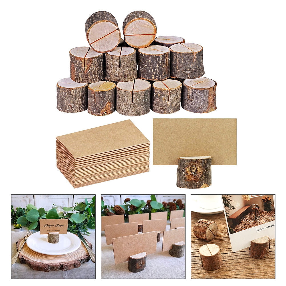 PAMINGONO Beige Rustic Wood Stump Place Card Holders Set with 30 Kraft ...