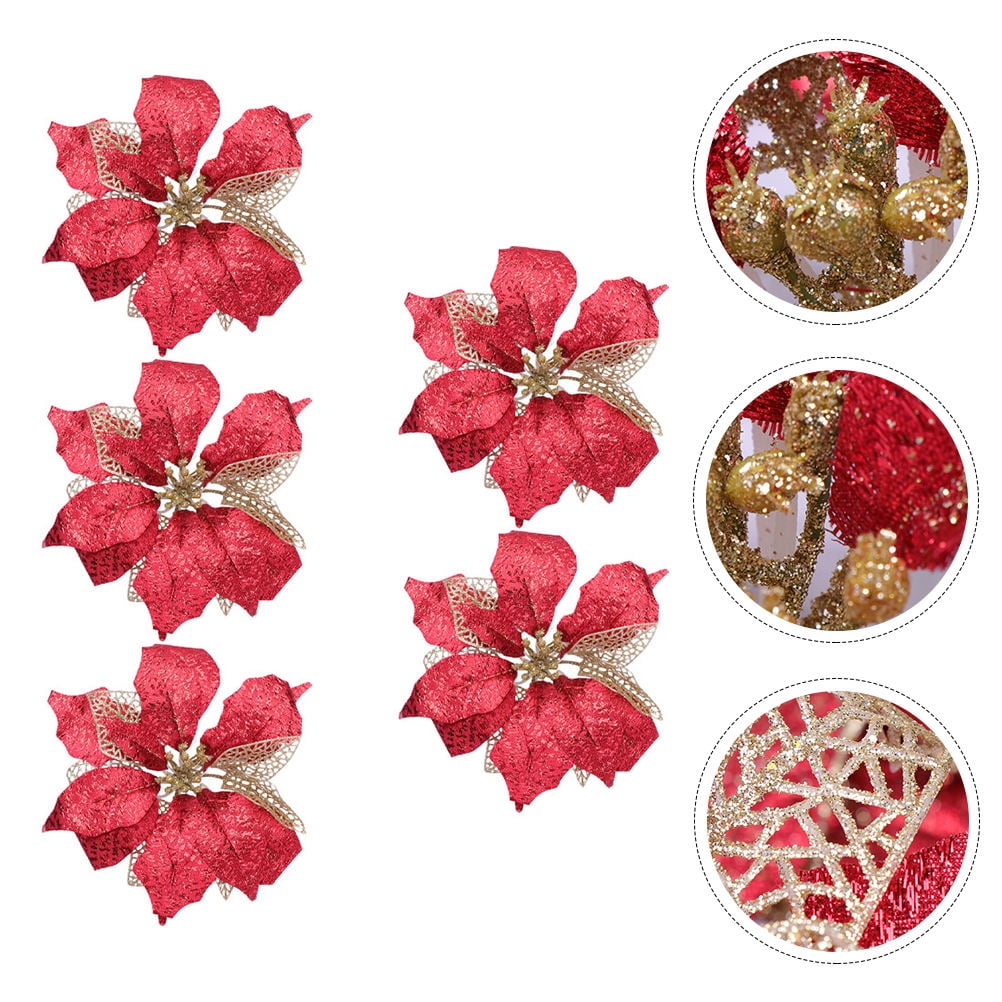 PAMINGONO 5Pcs Christmas Decor Flower Red Hexagonal Plastic Cloth Gold ...
