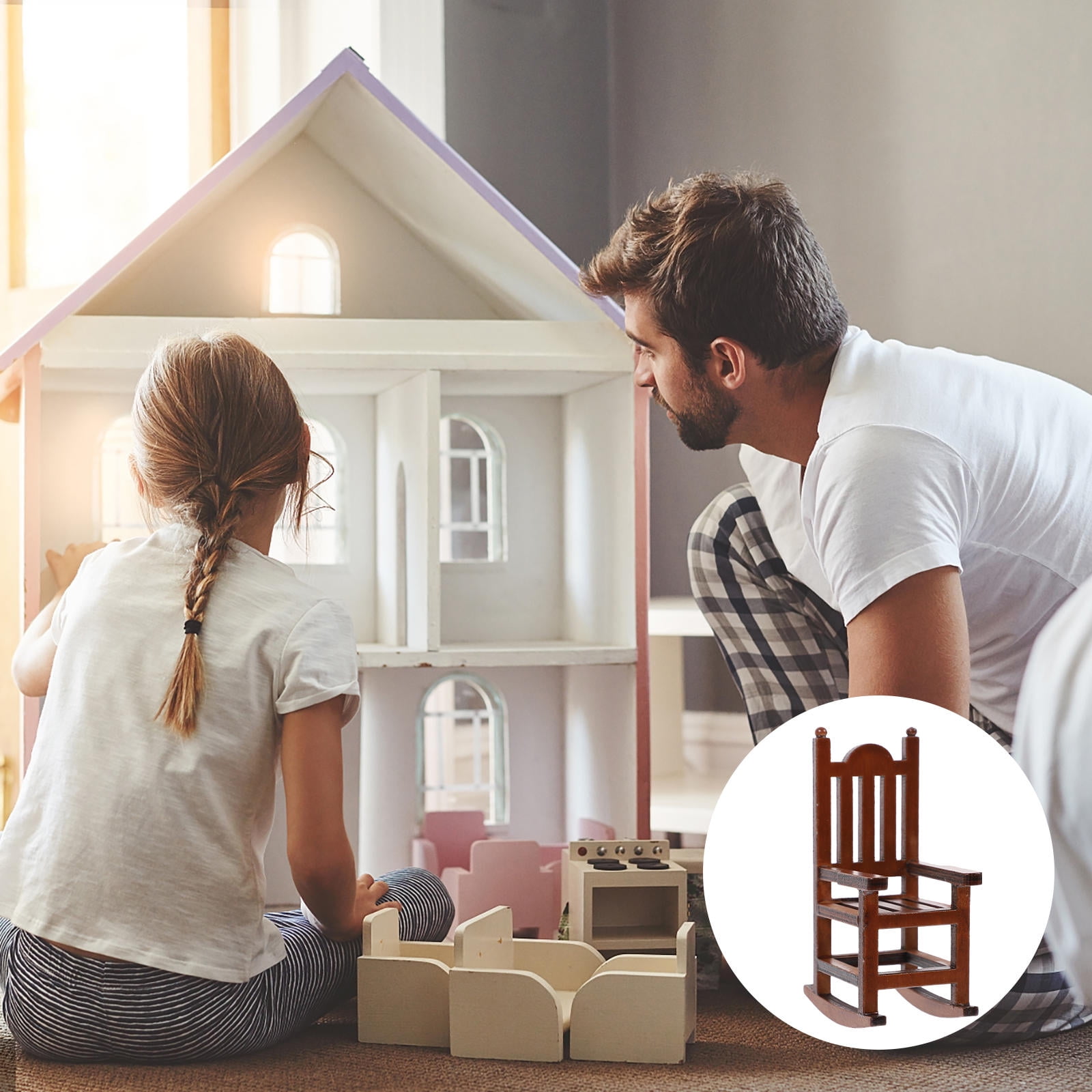 PAMINGONO Mini Rocking Chair Dark Red Birch Wood Playhouse Furniture ...