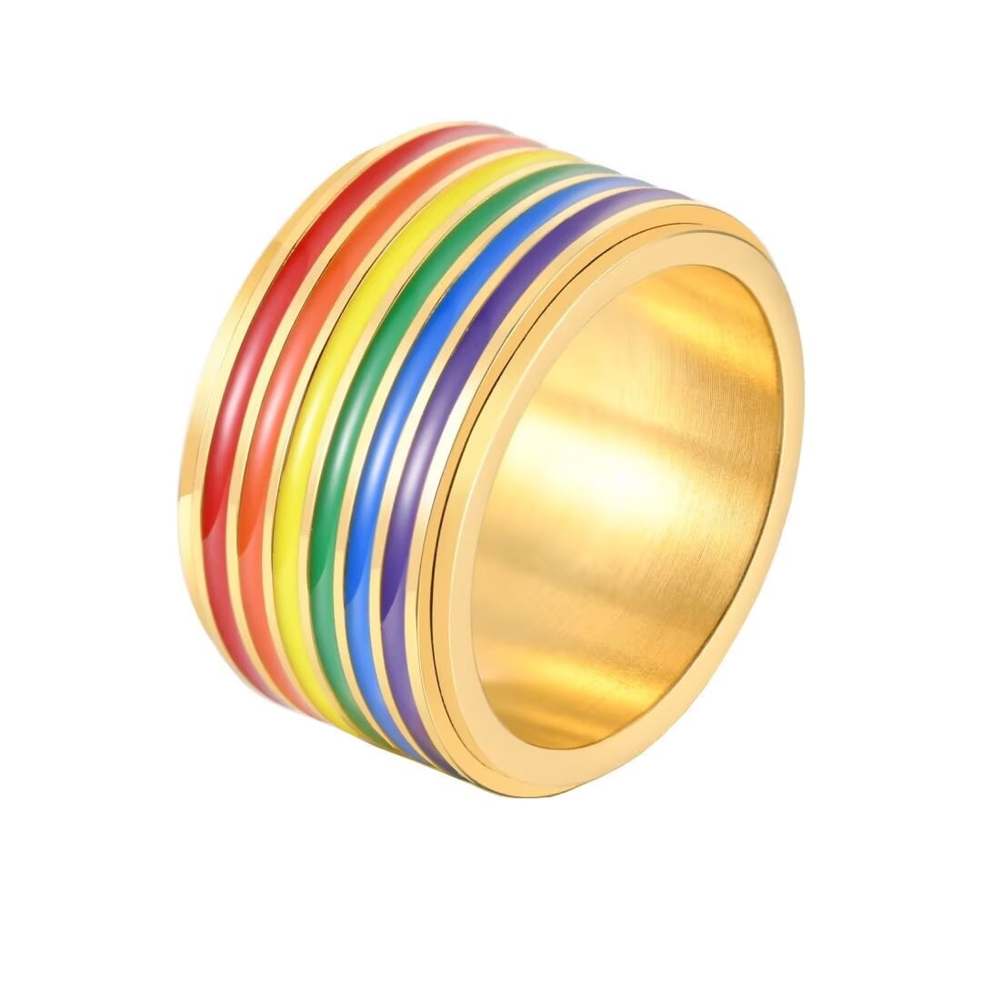 PAMTIER 12MM Stainless Steel LGBT Pride Ring Rainbow Flag Enamel Gay ...