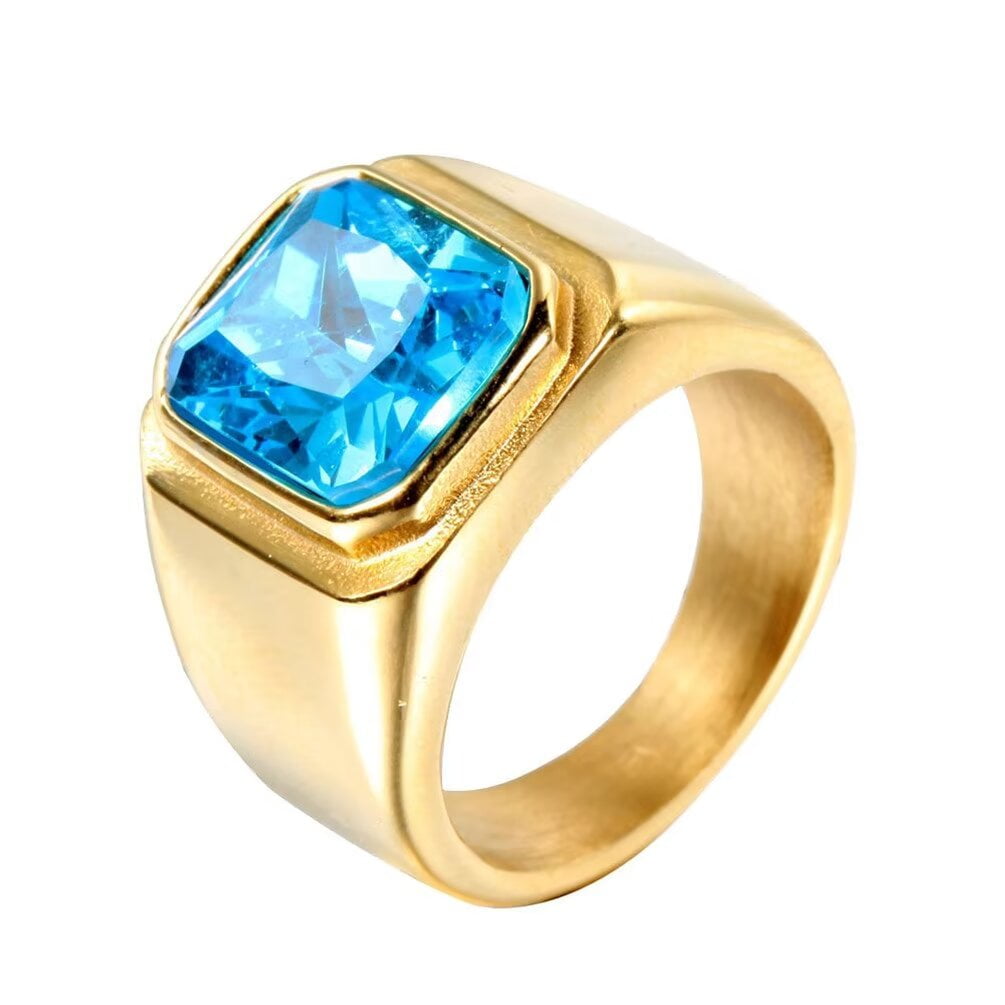 PAMTIER Men's Stainless Steel Gold Plated Ring with Square Light Blue ...