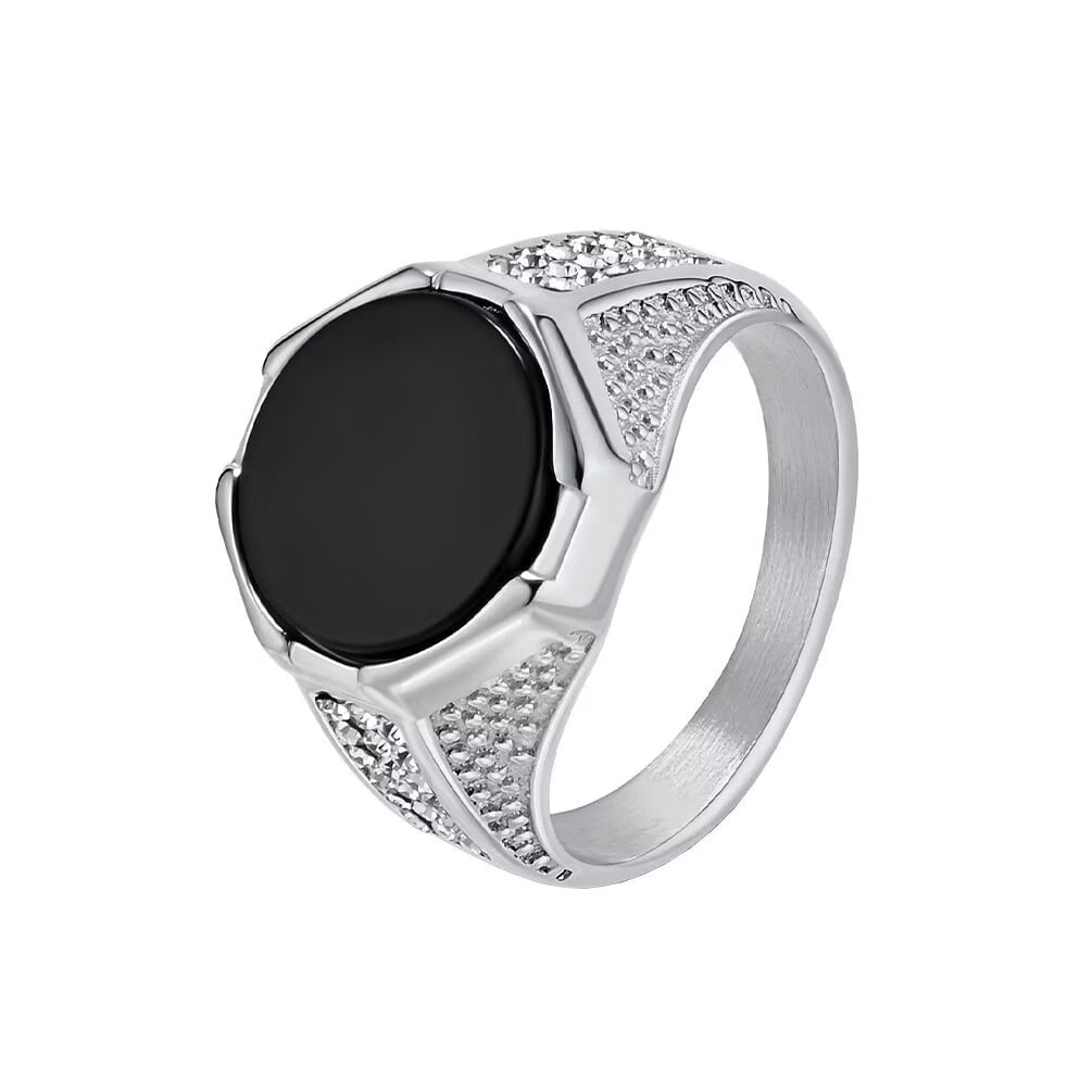PAMTIER Men's Stainless Steel Vintage Cool Black Round Agate Gemstone ...