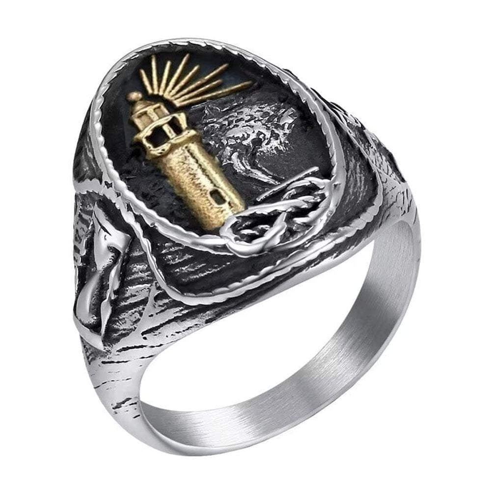 PAMTIER Men's Stainless Steel Vintage Punk Ocean Navigation Lighthouse ...