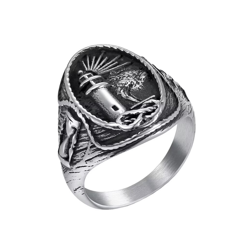 PAMTIER Men's Stainless Steel Vintage Punk Ocean Navigation Lighthouse ...